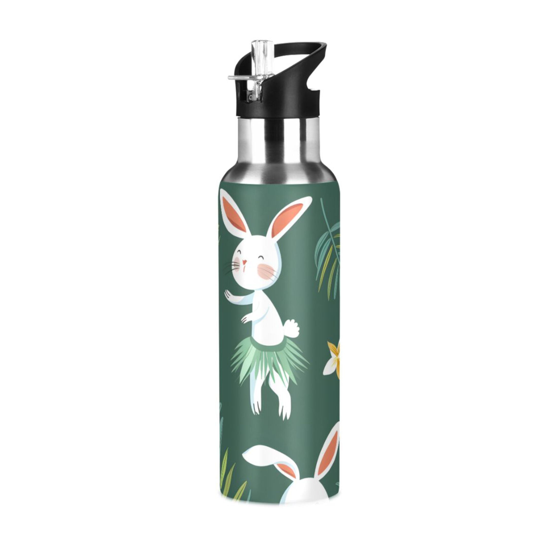 Rabbits Dancing Hula-hula Leaves Sports Bottle with Straw Stainless ...