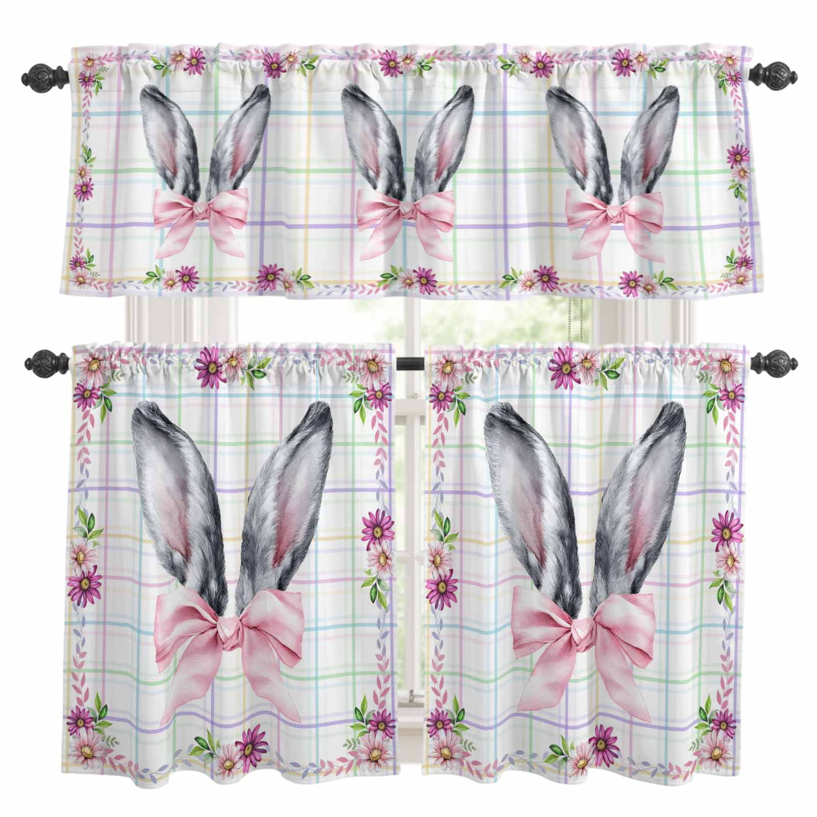 Rabbits Ears Kitchen Curtains and Valances Set, Pink Bow Daisy Green ...