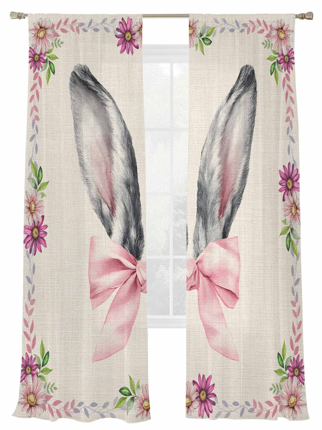 Rabbits Ears Sheer Curtains 2 Panels Set Pink Bow Daisy Green Leaf ...