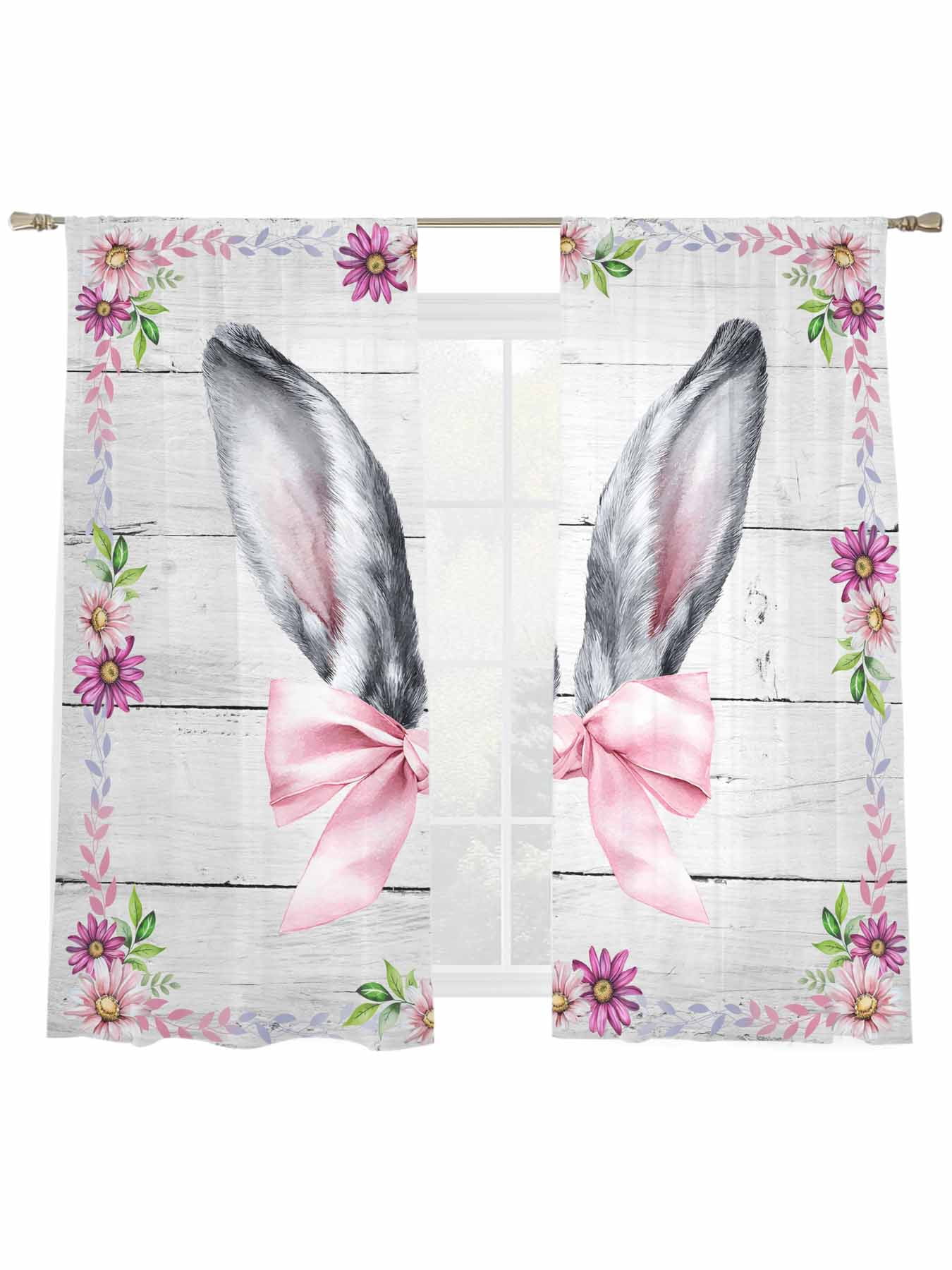 Rabbits Ears Sheer Curtains 2 Panels Set Pink Bow Daisy Green Leaf ...