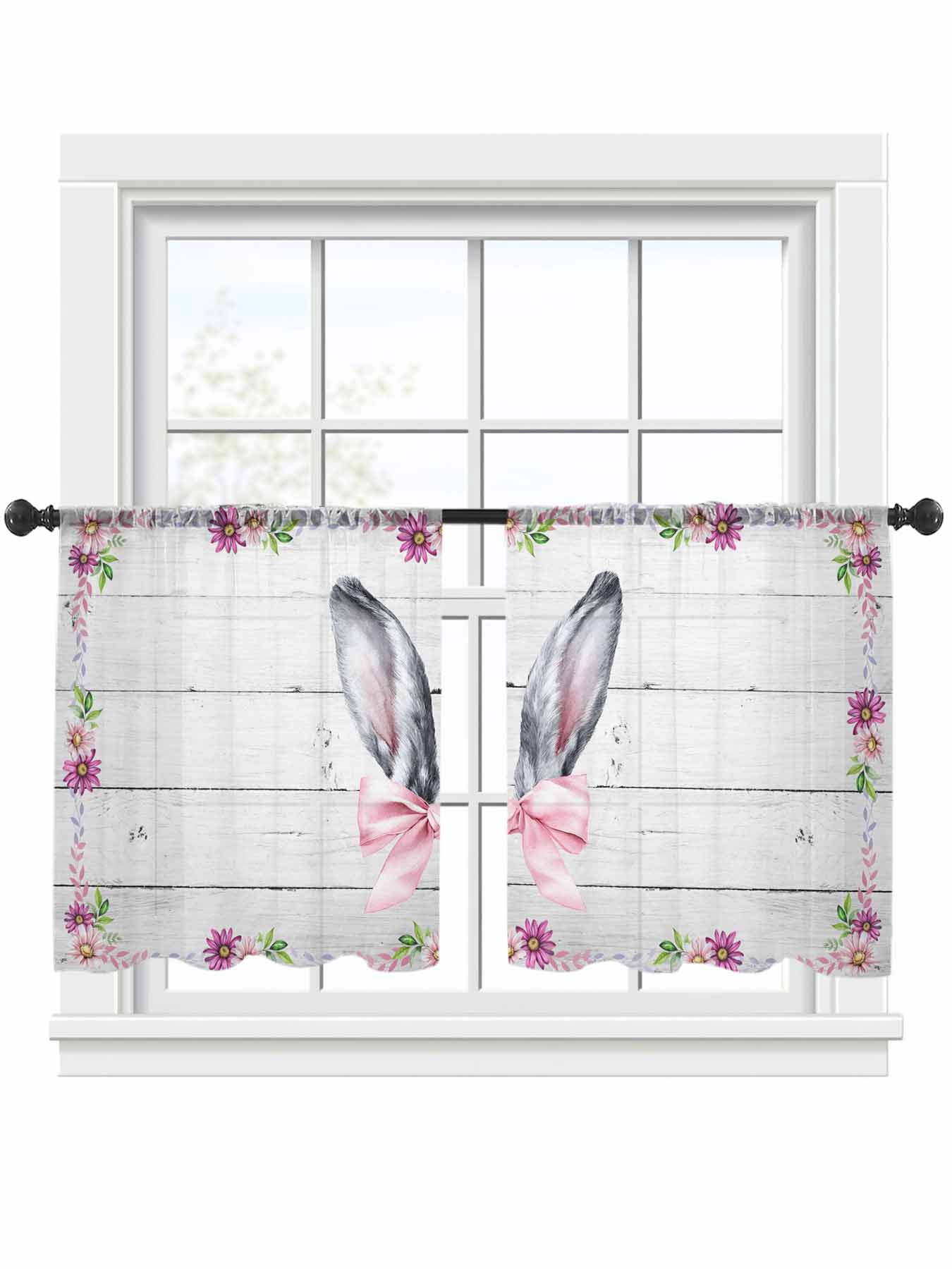 Rabbits Ears Sheer Curtains 2 Panels Set Pink Bow Daisy Green Leaf ...