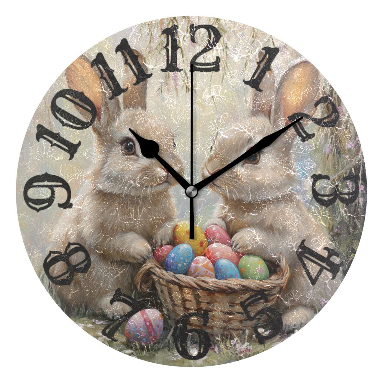 Rabbits Easter Eggs Wall Clock 10 inch Non-Ticking Easy to Read ...