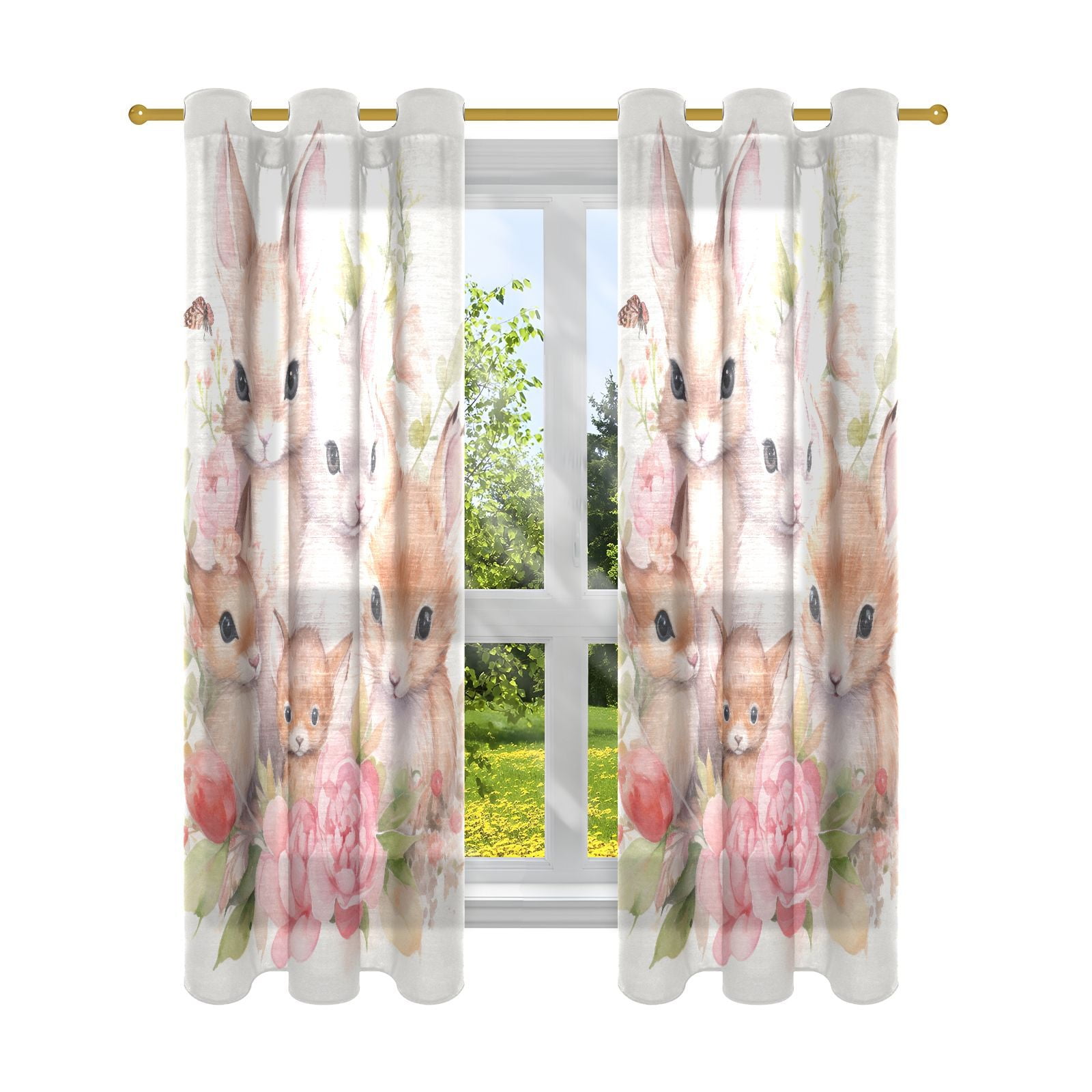 Rabbits Flowers Leaves Blackout Curtains Patio Door Curtains Window ...