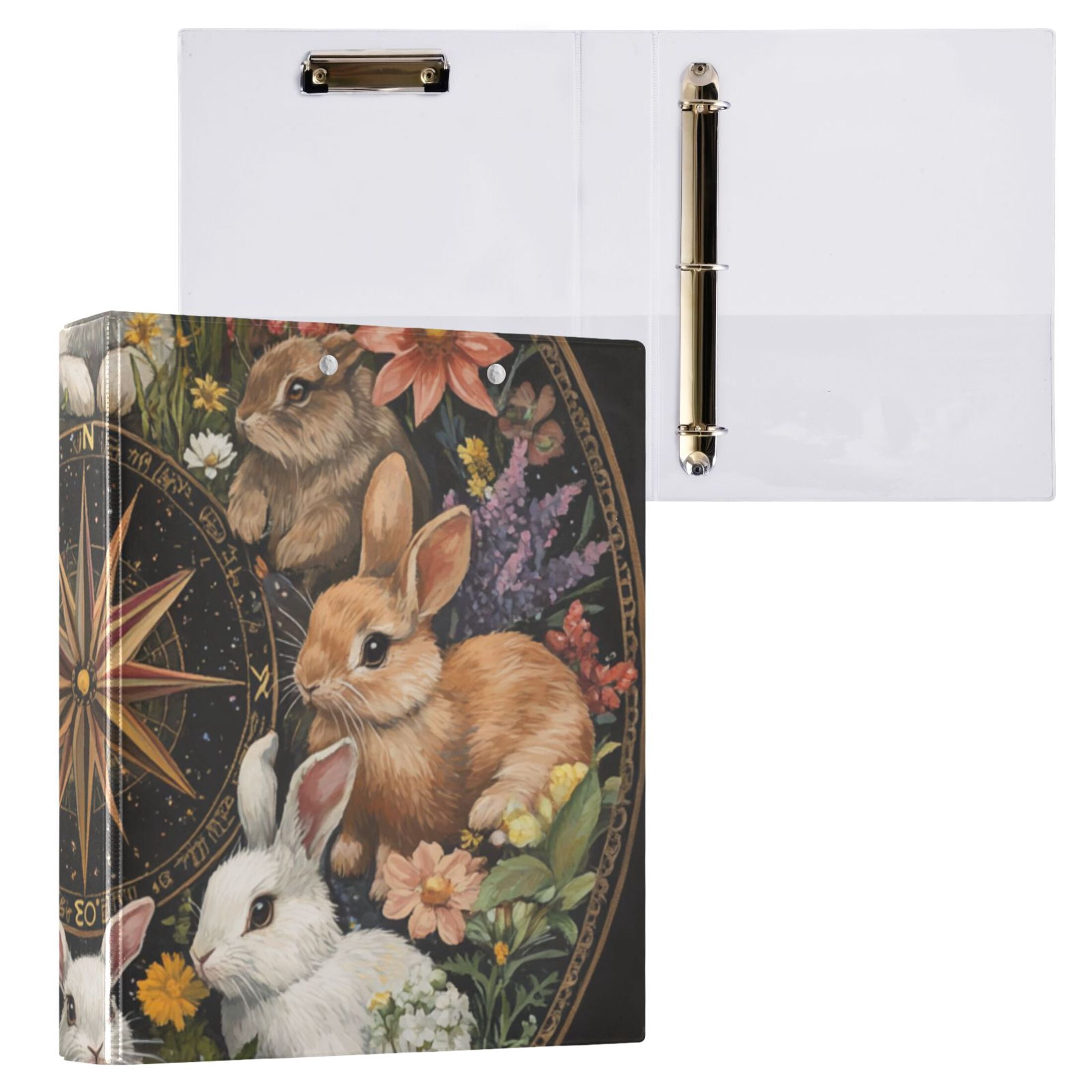 Rabbits Flowers Round 3 Ring Binders 1.5 inch Hardcover File Folders ...