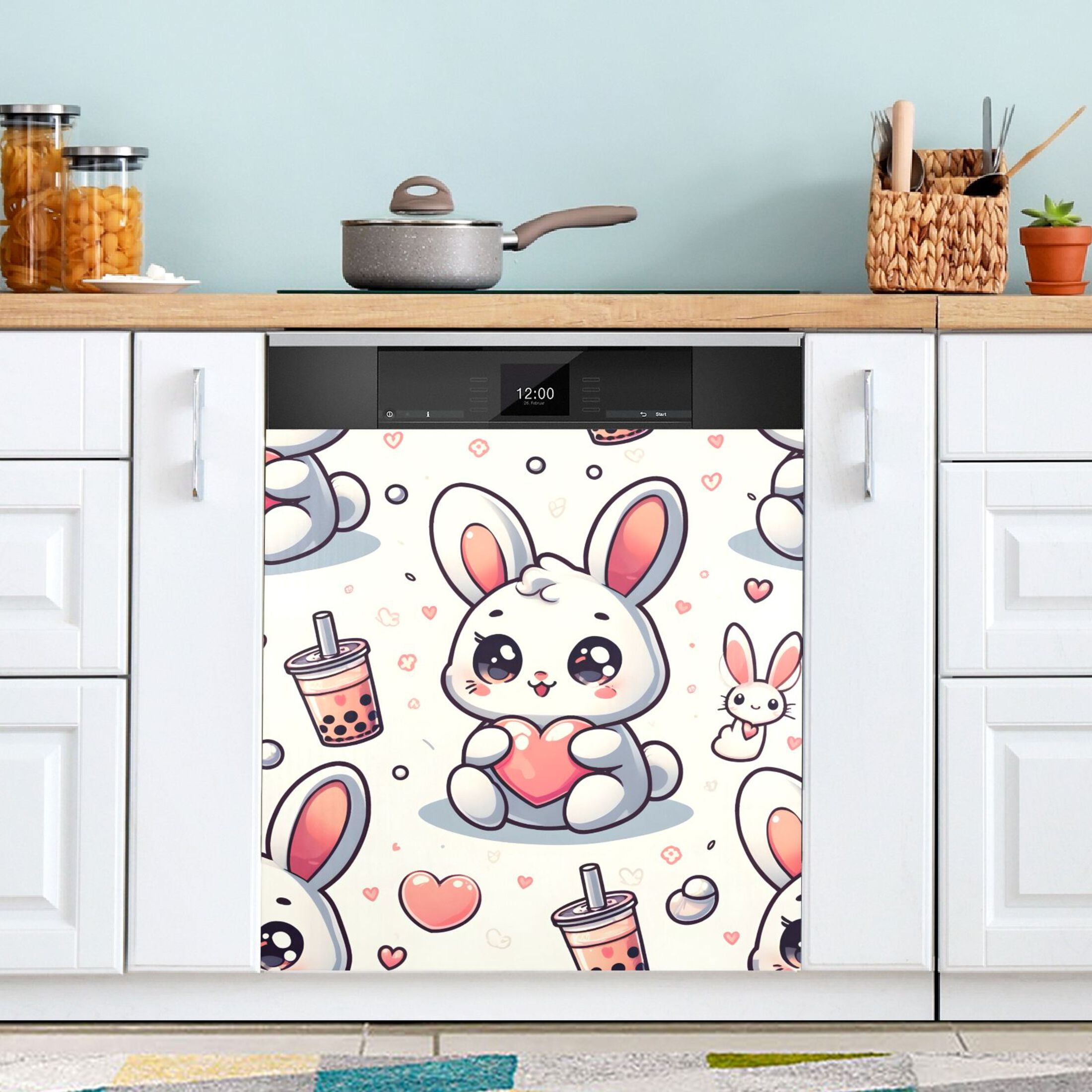 Rabbits Hearts Milk Tea Dishwasher Magnetic Covers Magnet Sticker ...