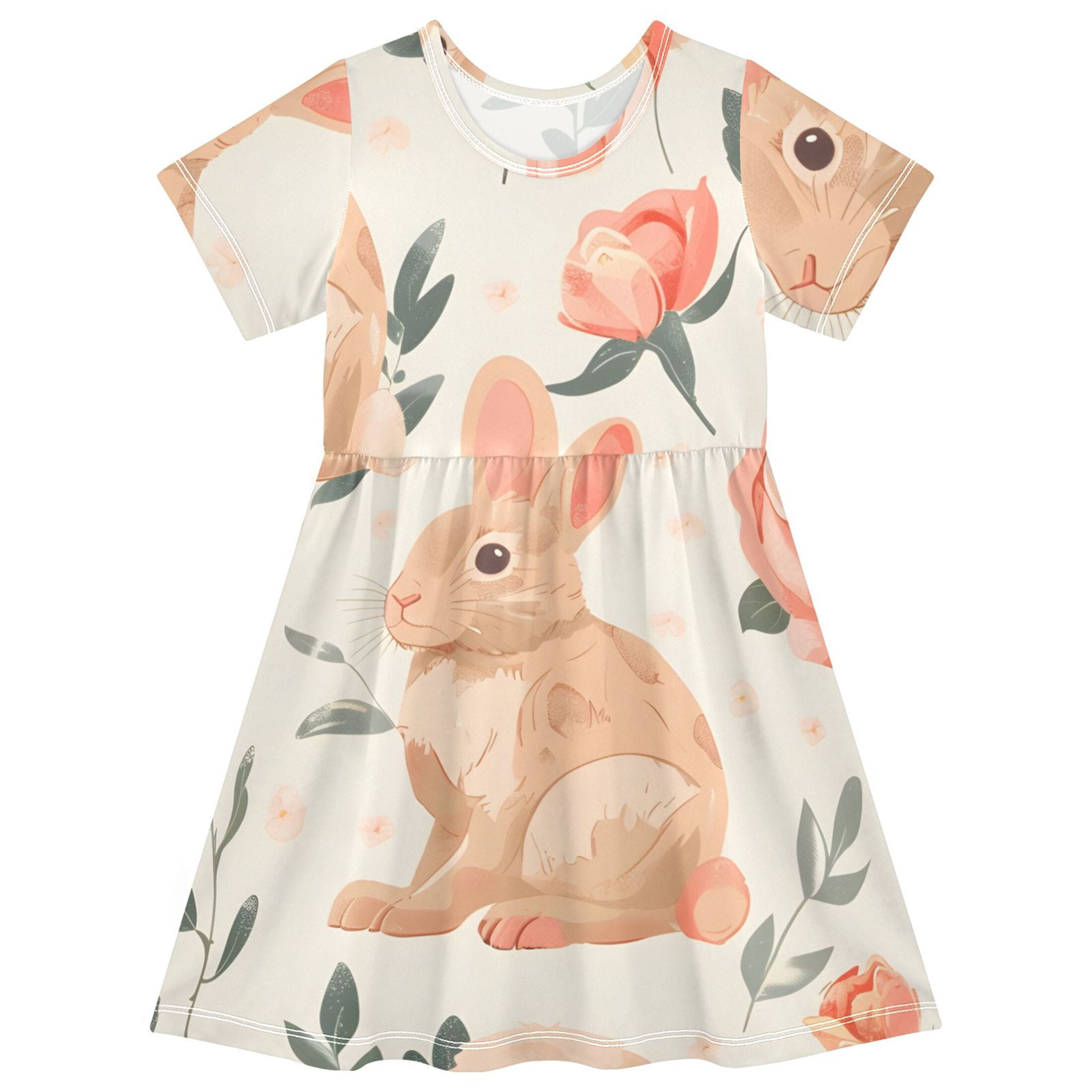Rabbits Roses Leaves Vintage Girls' Short Sleeve Dress A-Line One-Piece ...
