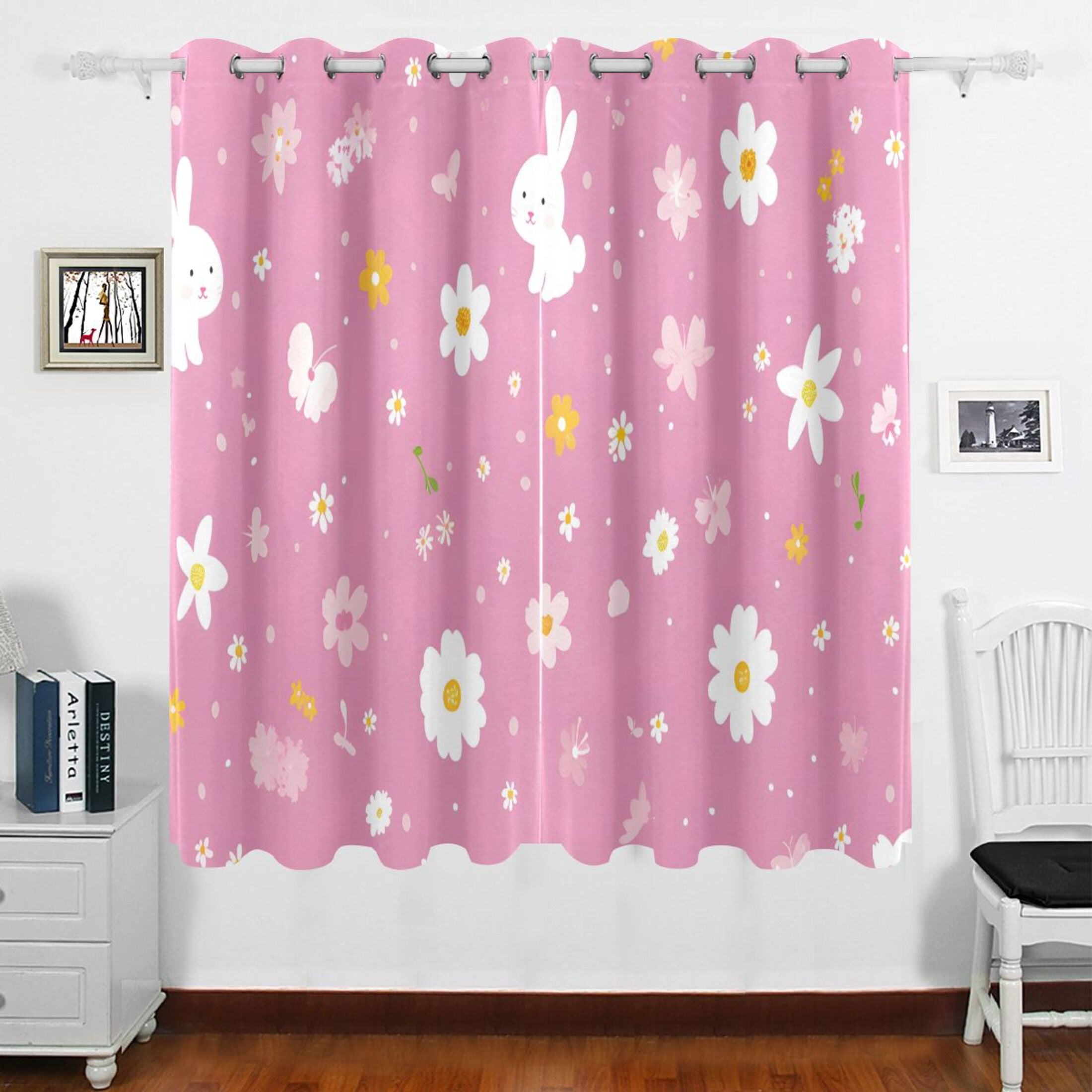 Rabbits and Flowers Window Curtains Polyester Drapes with Grommets ...