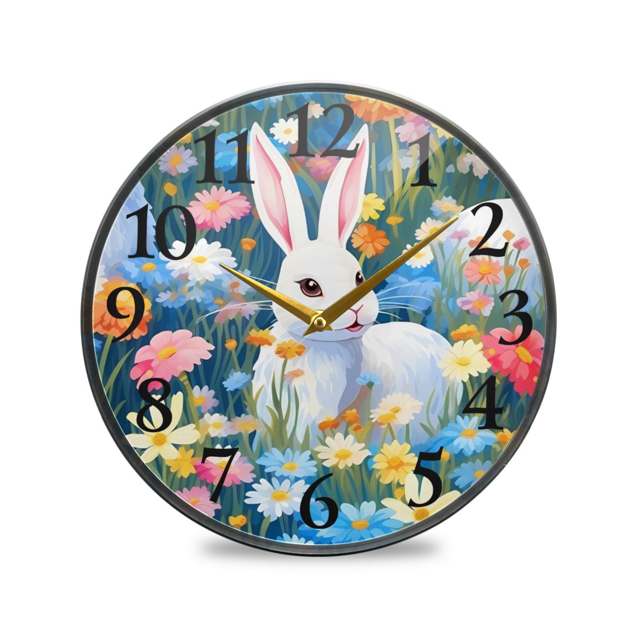 Rabbits in Flowers Wall Clocks Battery Operated 11.9 Inch Round Clock ...