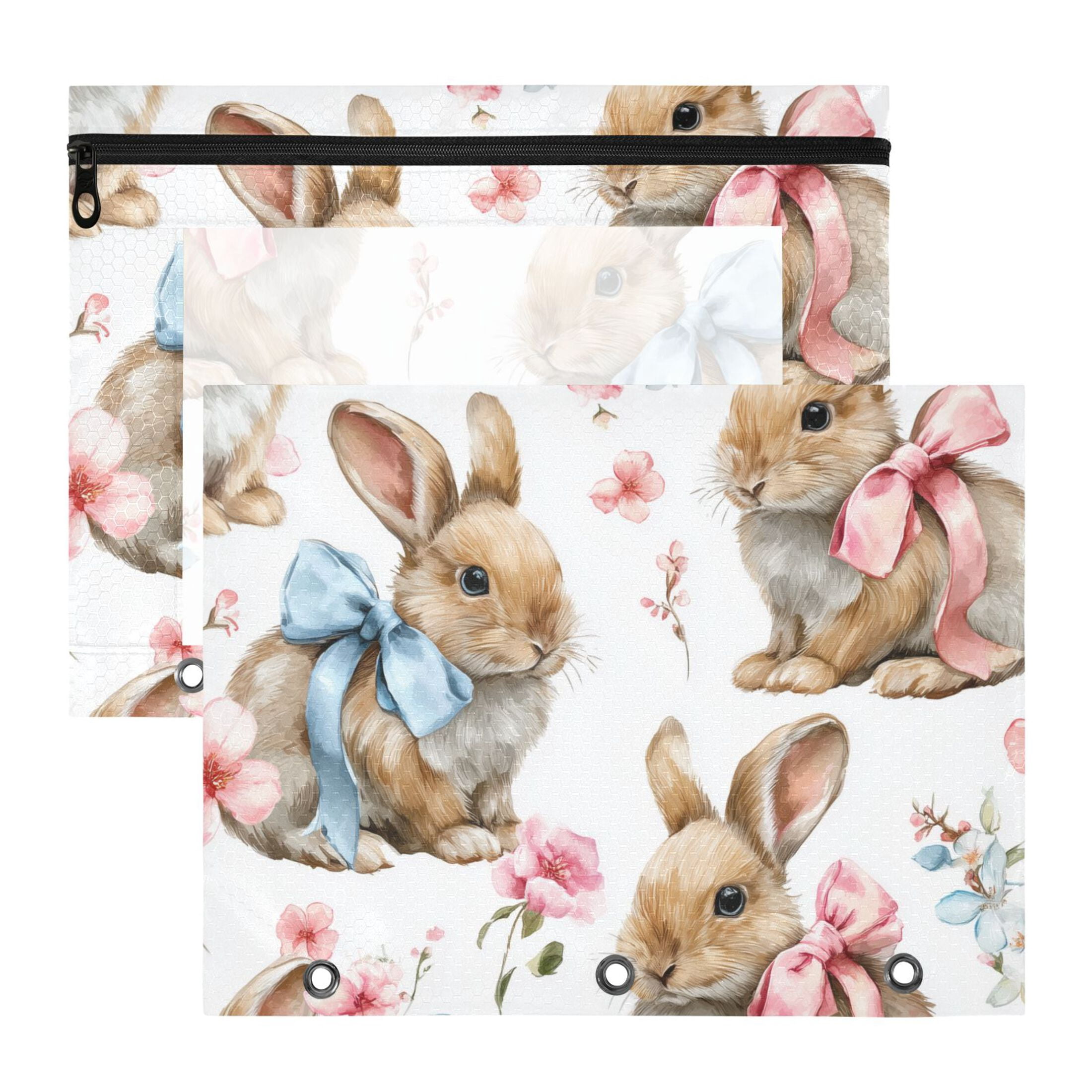 Rabbits with Bows on Neck Flowers 3-Ring Binder Pocket with Zipper ...