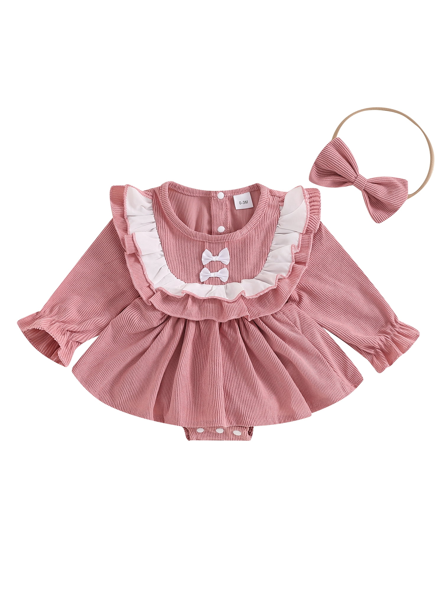 Raccmtaty Baby Girl Fall Romper Dress Ruffled Long Sleeve Crew Neck Bow ...