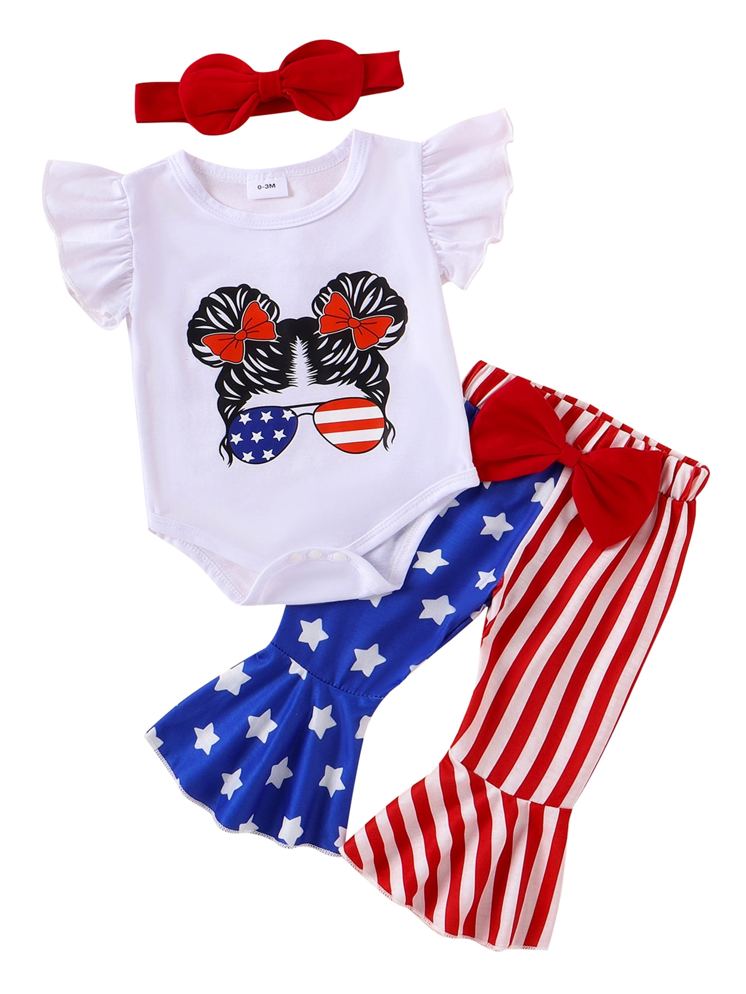 Raccmtaty Baby Girls 4th of July Outfits Ruffle Sleeve Romper + Bow ...