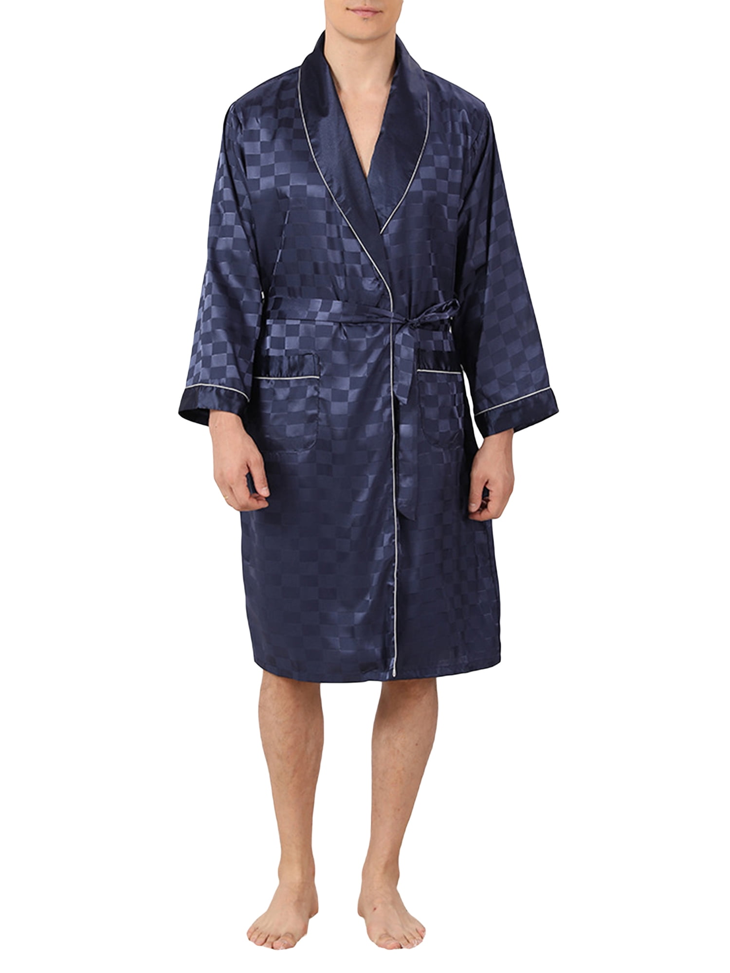 Raccmtaty Men Summer Bathrobe Set Plaid Jacquard Long Sleeve Spa Kimono ...
