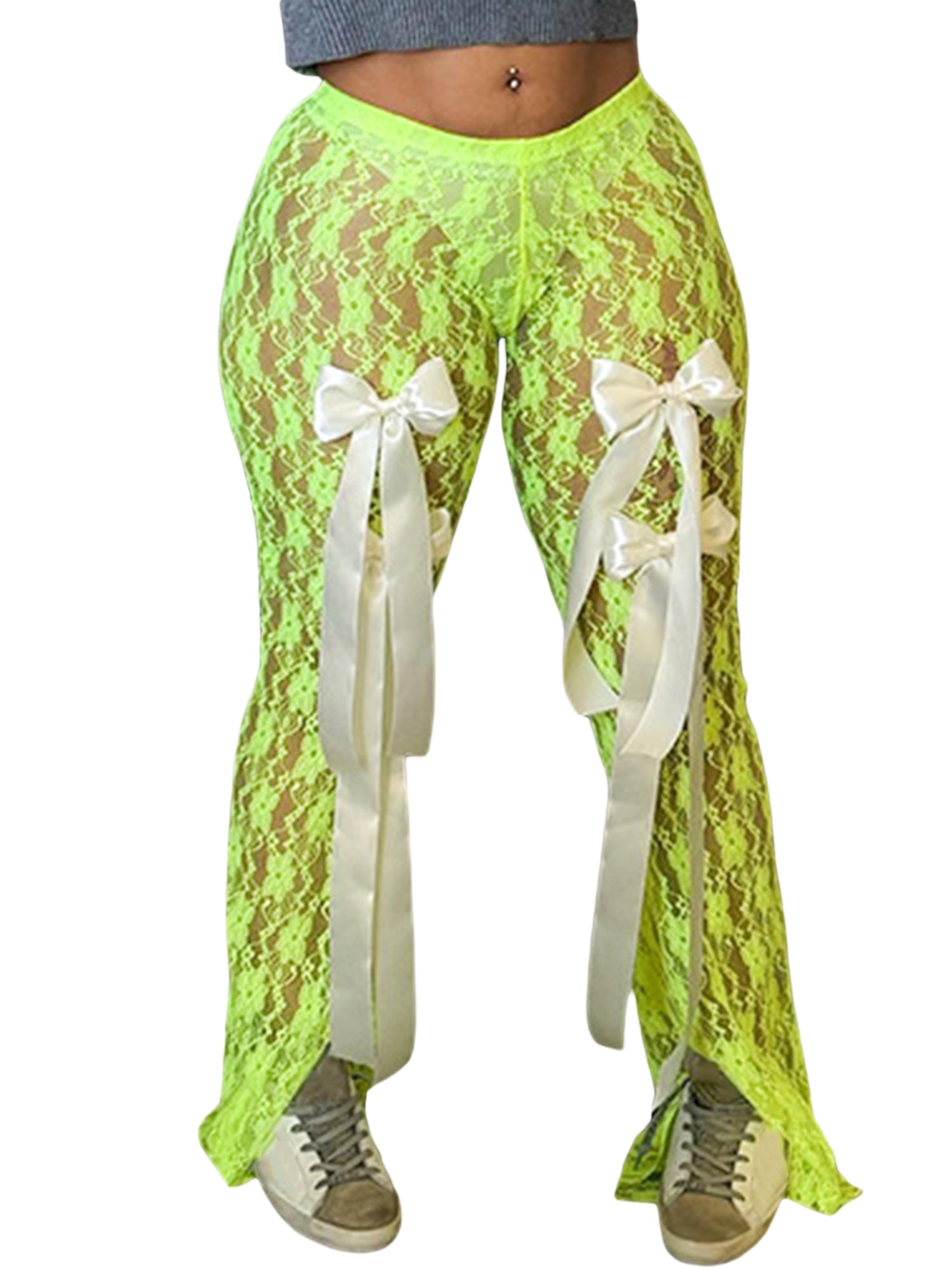 Raccmtaty Women Lace Pants, Low Waisted Pants See-through Bows Slit ...