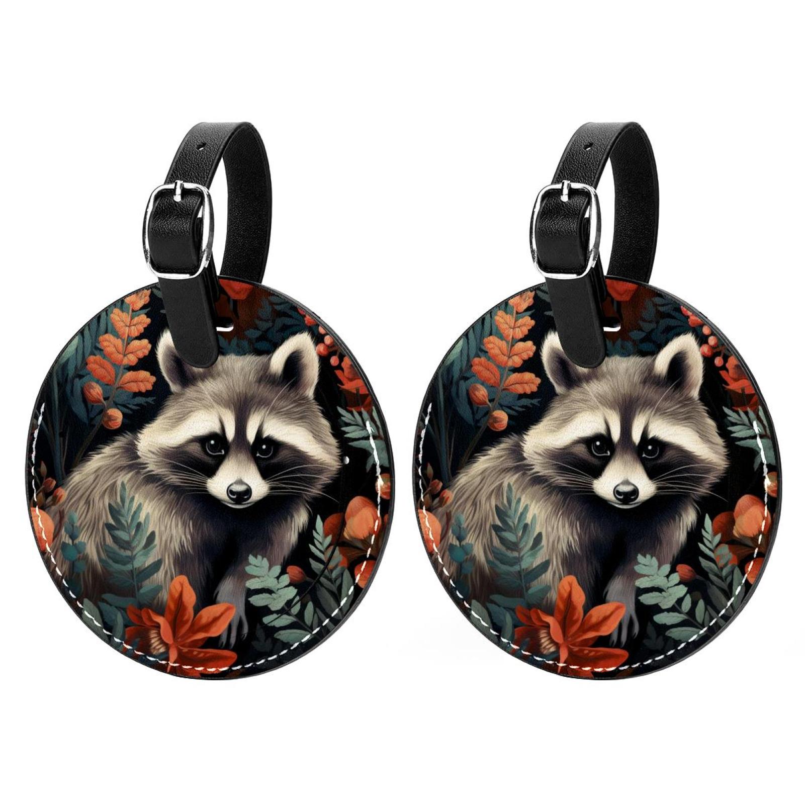 Raccoon 2Pcs PU Leather Round Luggage Tags with Privacy Cover and Name ...