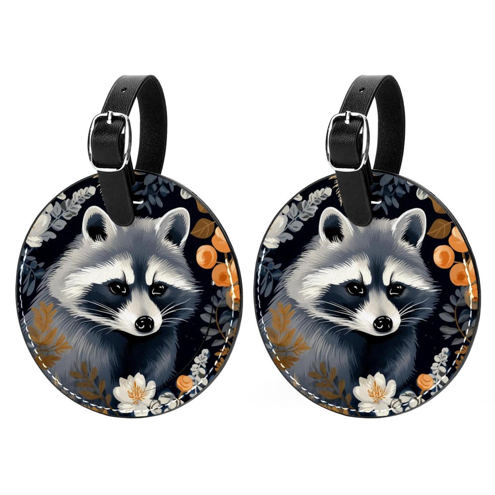 Raccoon 2Pcs PU Leather Round Luggage Tags with Privacy Cover and Name ...