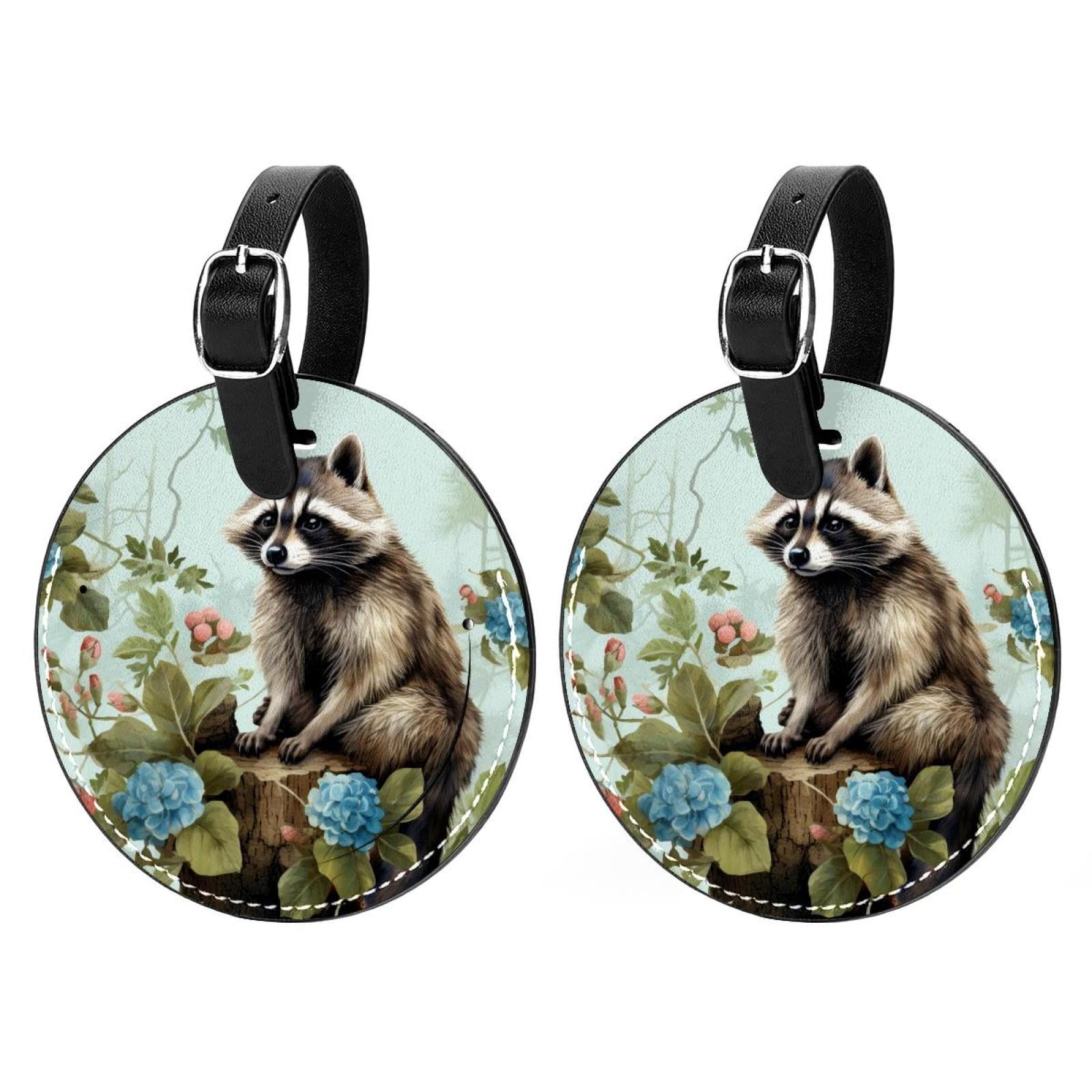 Raccoon 2Pcs PU Leather Round Luggage Tags with Privacy Cover and Name ...