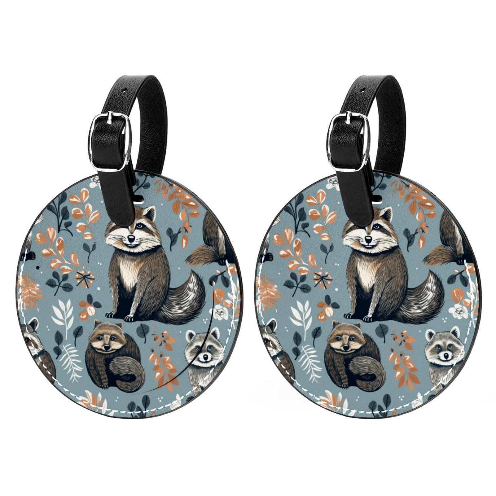 Raccoon 2Pcs PU Leather Round Luggage Tags with Privacy Cover and Name ...