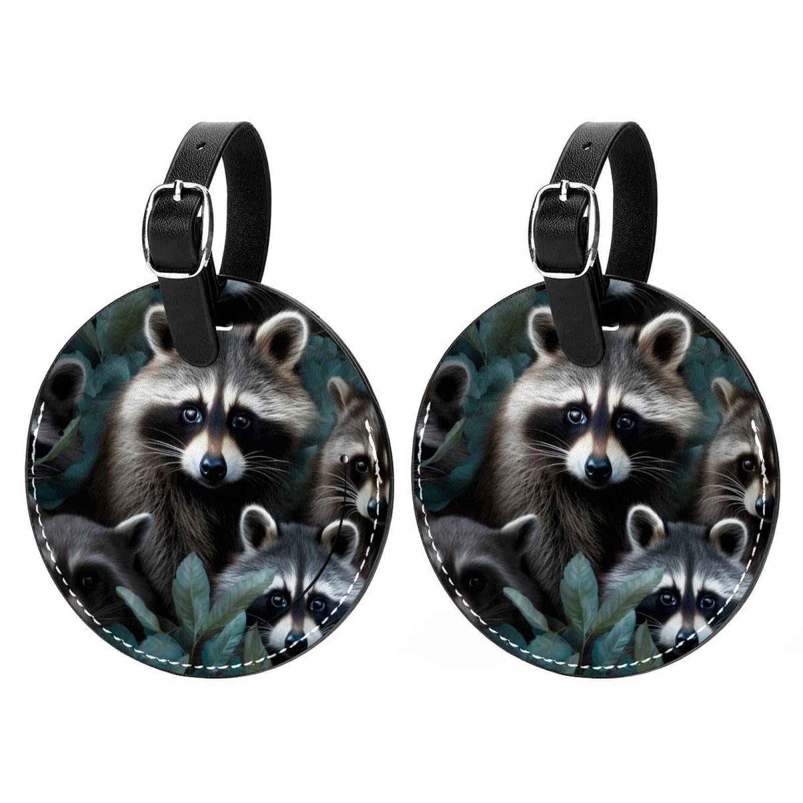 Raccoon 2Pcs PU Leather Round Luggage Tags with Privacy Cover and Name ...