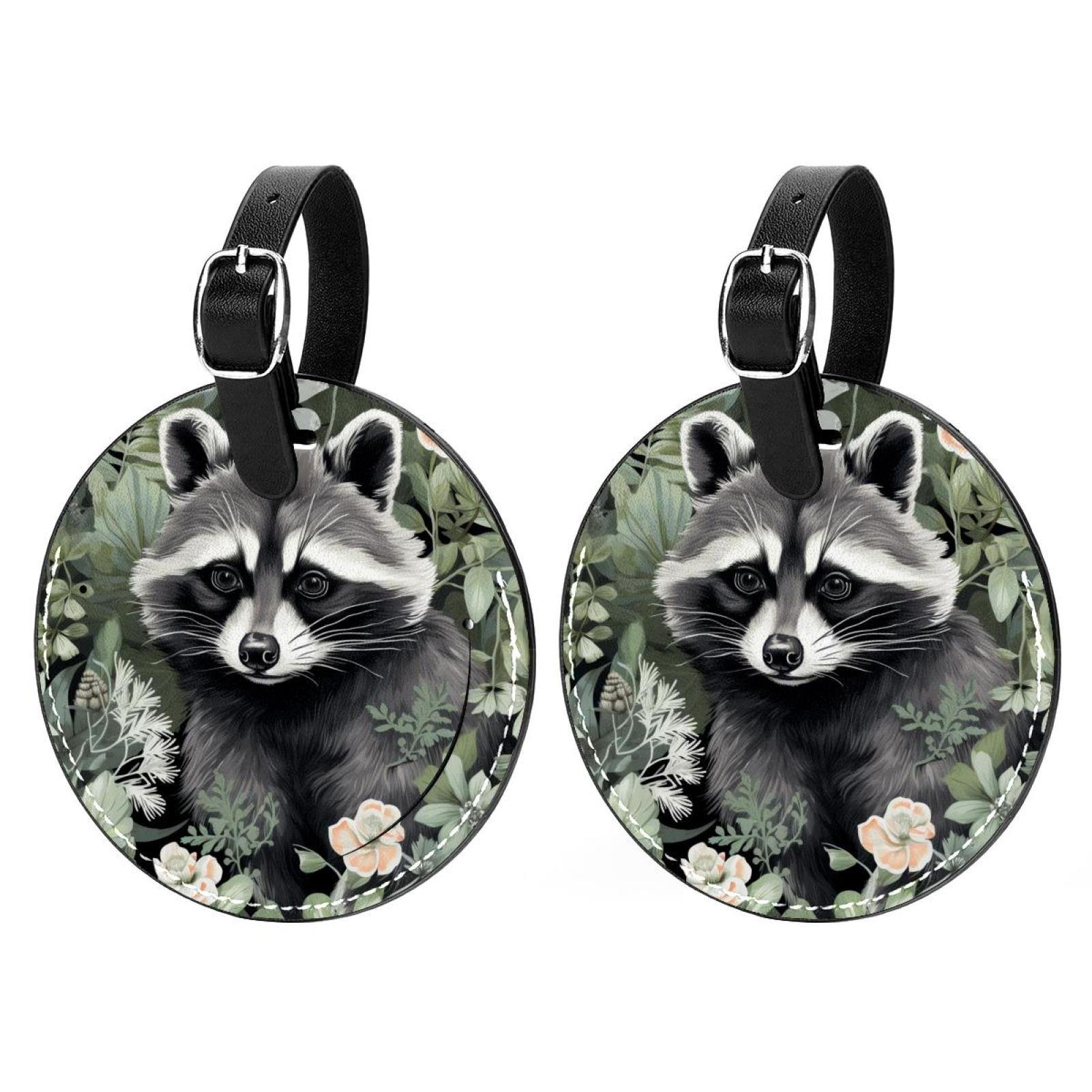 Raccoon 2Pcs PU Leather Round Luggage Tags with Privacy Cover and Name ...