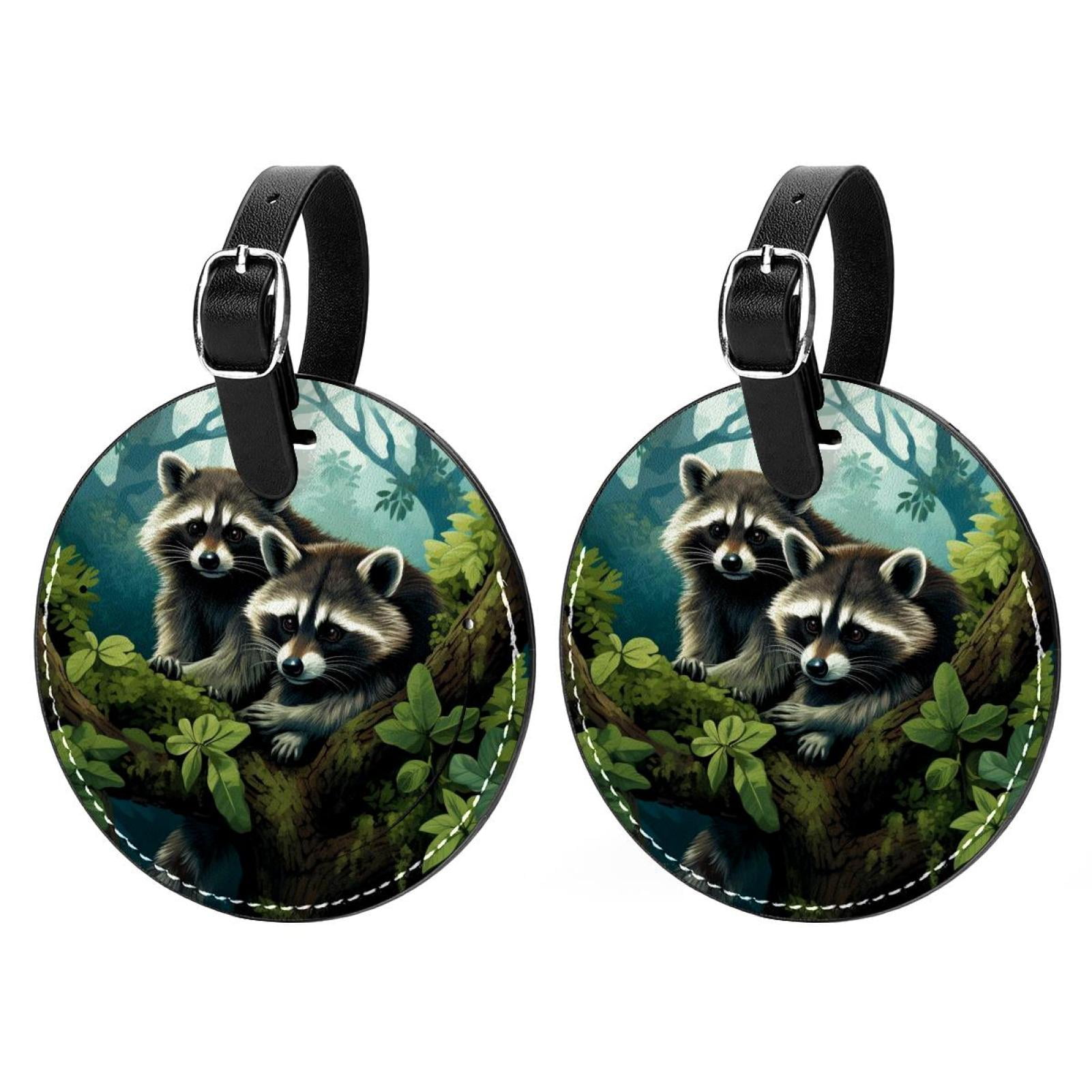 Raccoon 2pcs PU Leather Round Bag Tags Suitcase Handbag Tags with ...