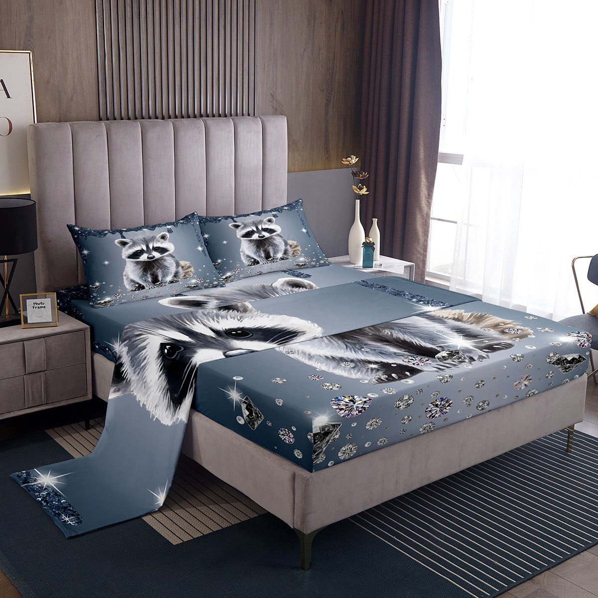 Raccoon Bed Sheets Set Grey Sequin Fluid Art Sheet Set Full,Crystal ...