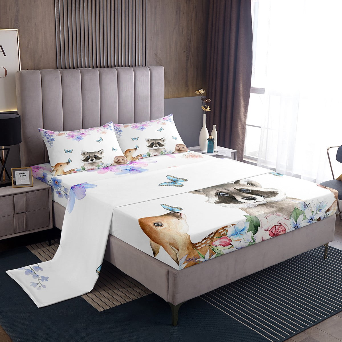 Raccoon Bed Sheets Set Bohemian Flowers Twin Sheet Set,Sika Deer Sea ...