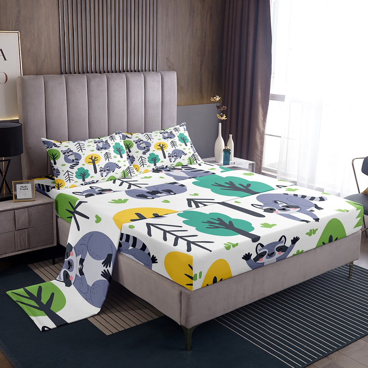 Raccoon Bed Sheets Set Cute Woodland Animals Queen Sheet Set,Jungle ...