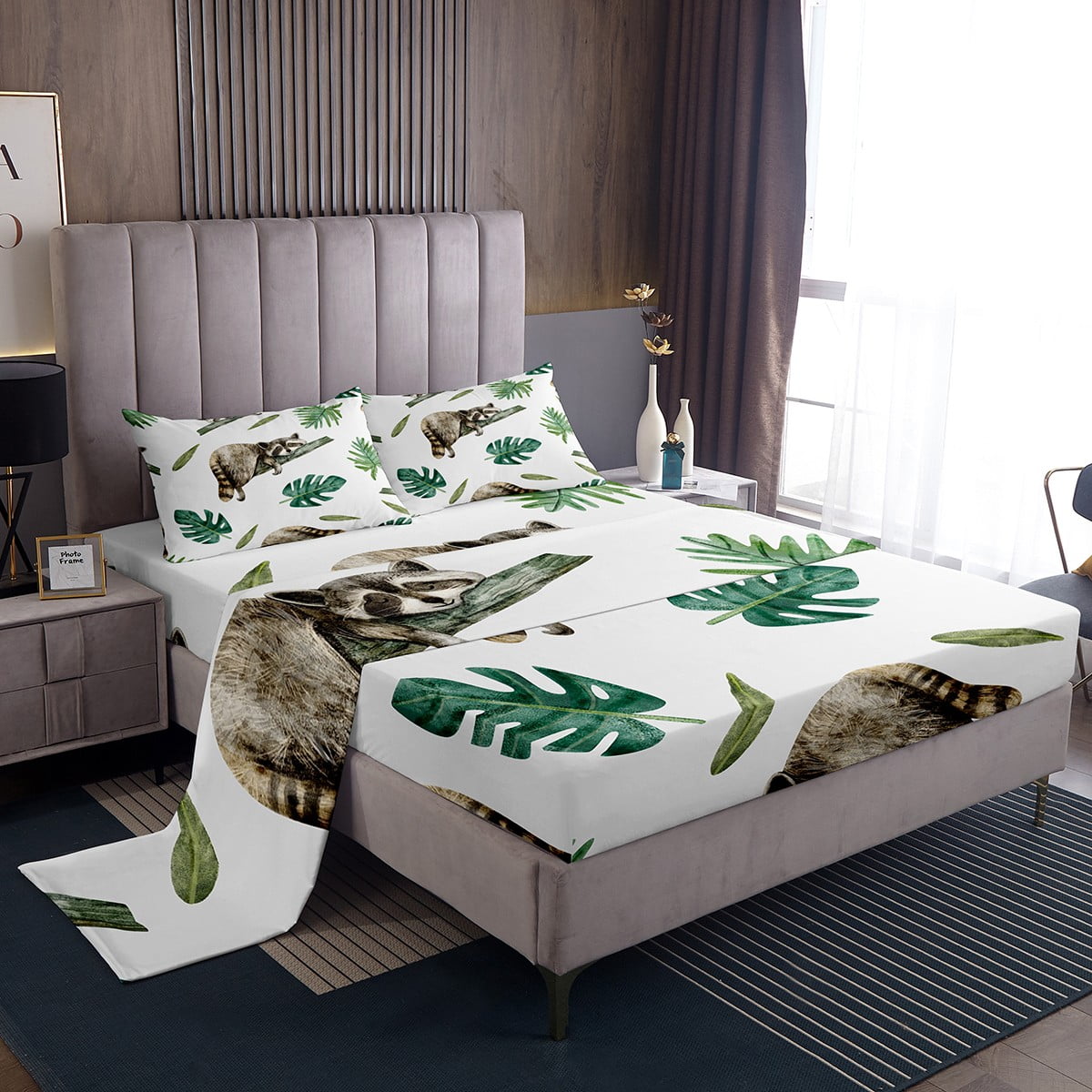 Raccoon Bed Sheets Set Wild Animals King Sheet Set,Palm Leaves Flat ...
