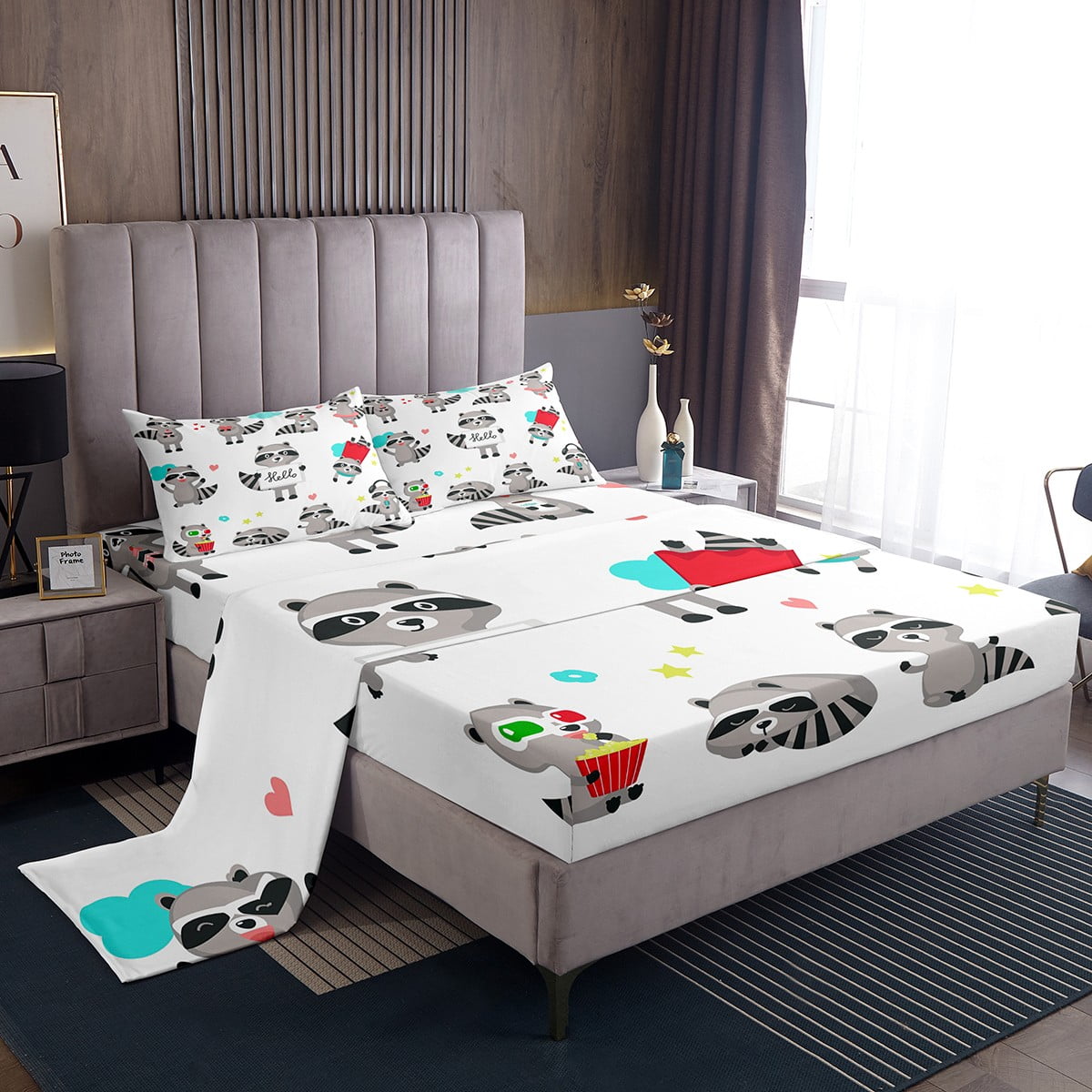 Raccoon Bed Sheets Set Wild Animals King Sheet Set,Cartoon Wildlife ...