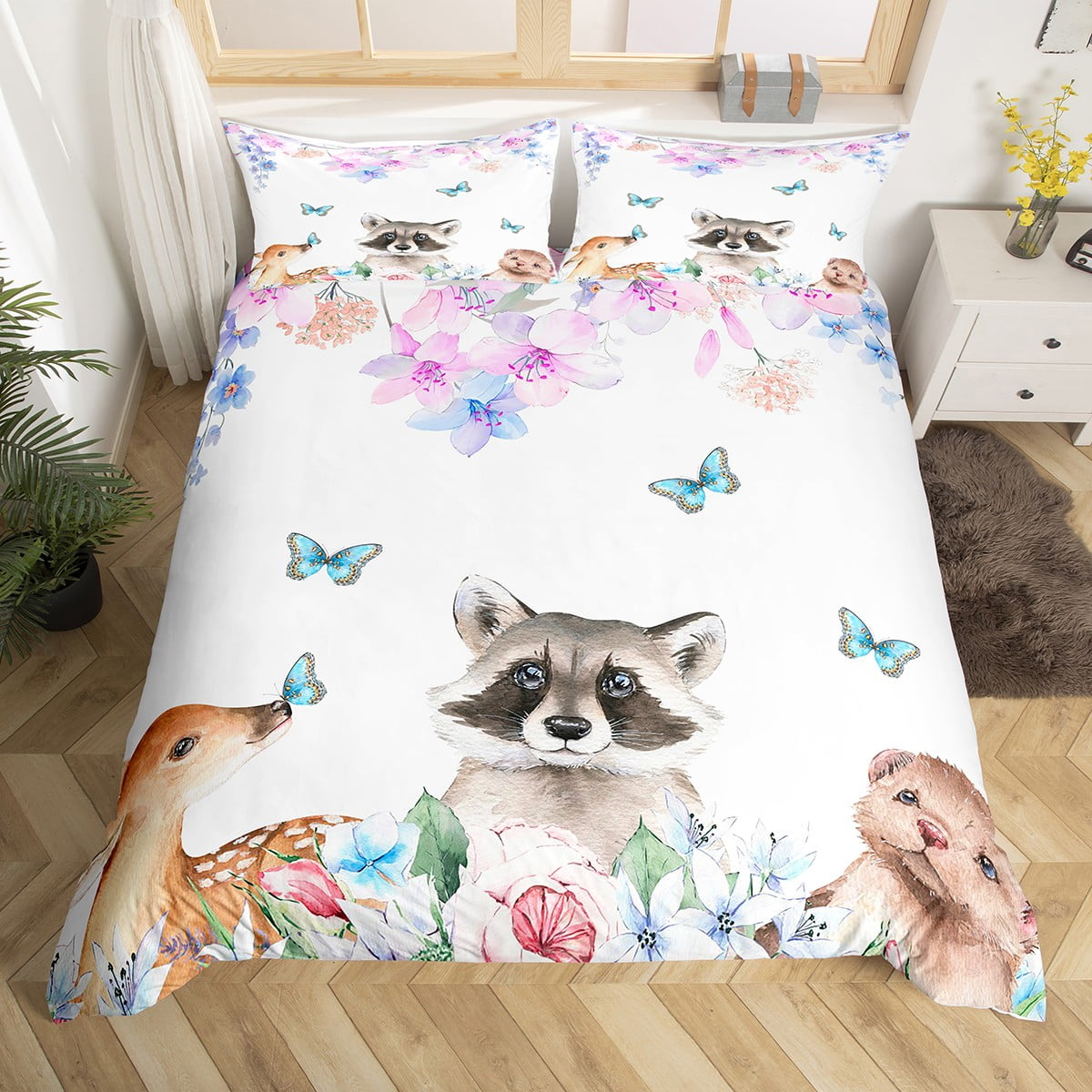 Raccoon Duvet Cover Bohemian Flowers Twin Bedding Set ,Sika Deer Sea ...