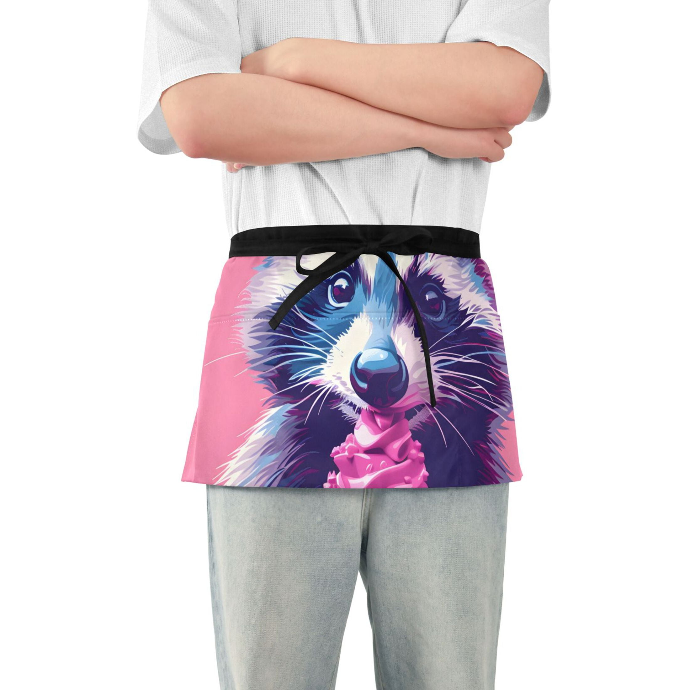 Raccoon Eating Ice Cream Short Server Apron with 3 Pockets for Unisex ...