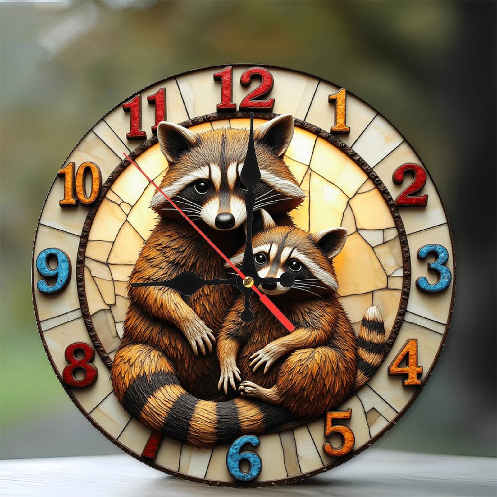 Raccoon Family Decorative Wall Clock with Unique Design 10-Inch Silent ...