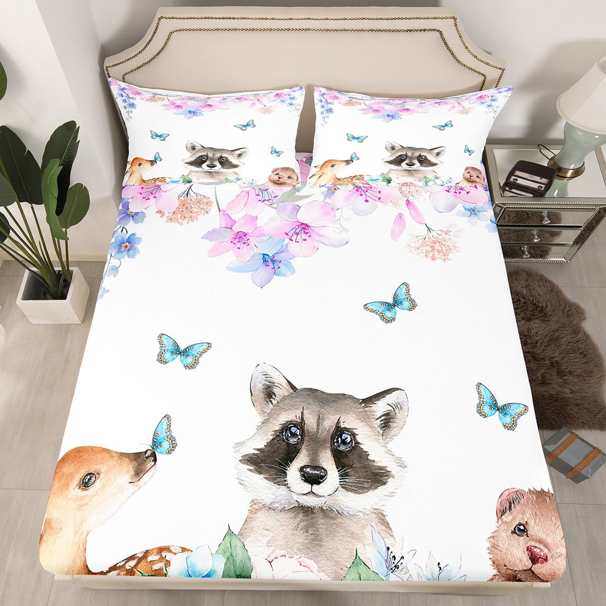 Raccoon Fitted Sheet Bohemian Flowers Twin Bed Sheets,Sika Deer Sea ...