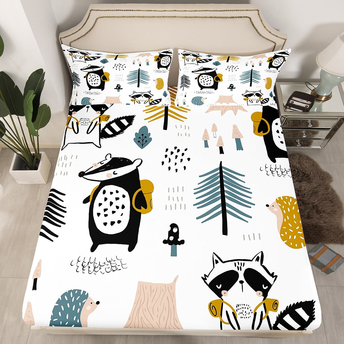 Raccoon Fitted Sheet Cute Hedgehog Twin Bed Sheets for Boys Kids Child ...