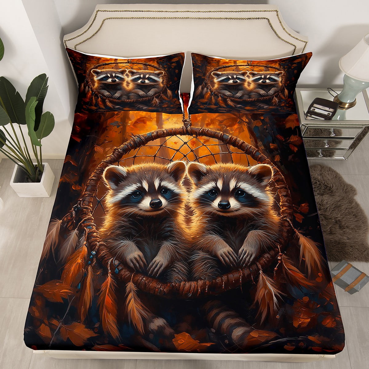 Raccoon Fitted Sheet Dream Catcher Sheets,Boho Feather Bed Sheets Queen ...