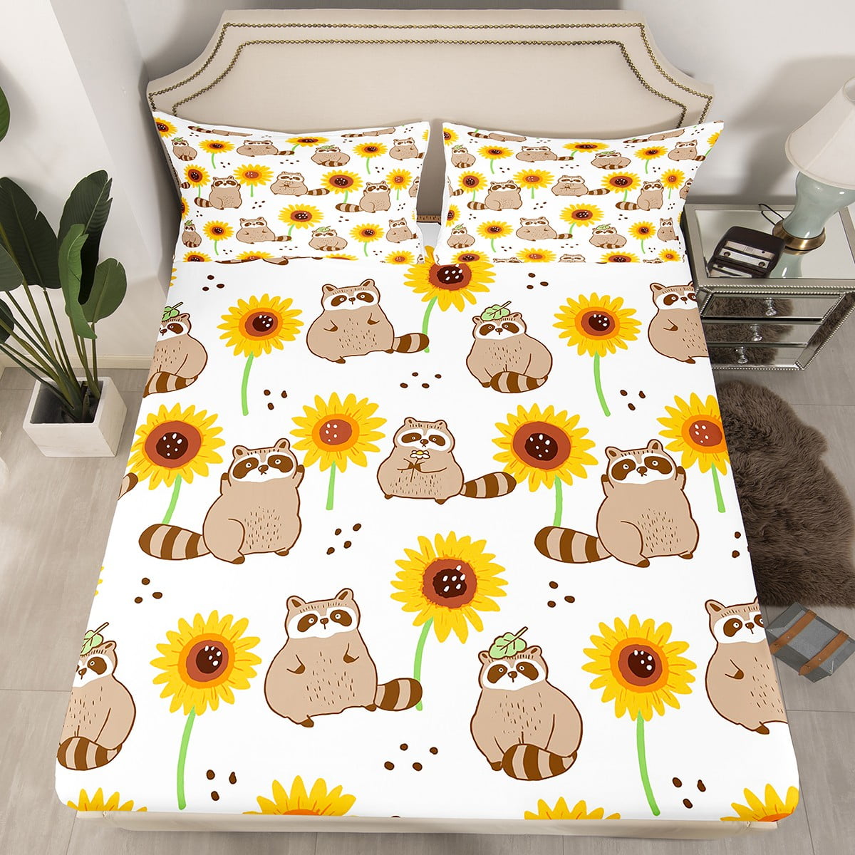 Raccoon Full Bed Sheets ,Sunflower Bedding Set Bohemian Flowers Fitted ...