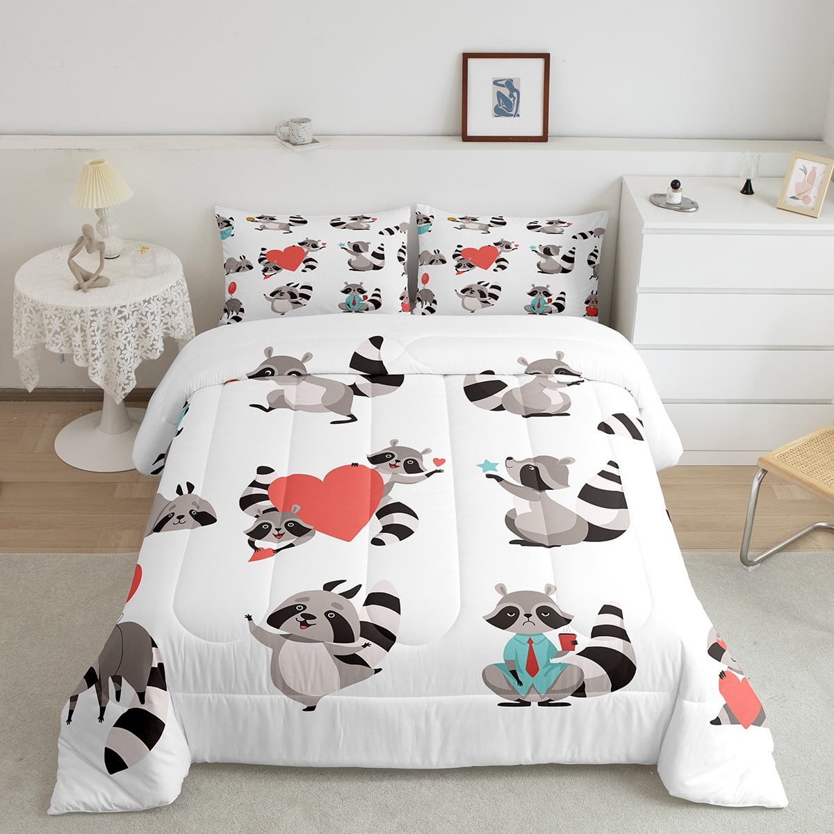 Raccoon Full Bedding Set,Cartoon Wildlife Quilt Wild Animals Comforter ...