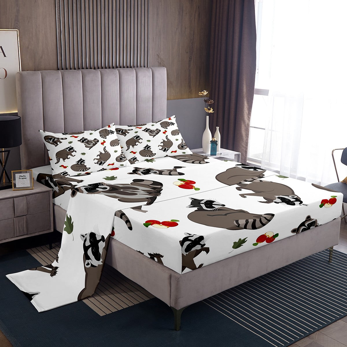 Raccoon Full Sheet Set ,Red Apple Flat Fitted Sheet Fruit Bed Sheets ...