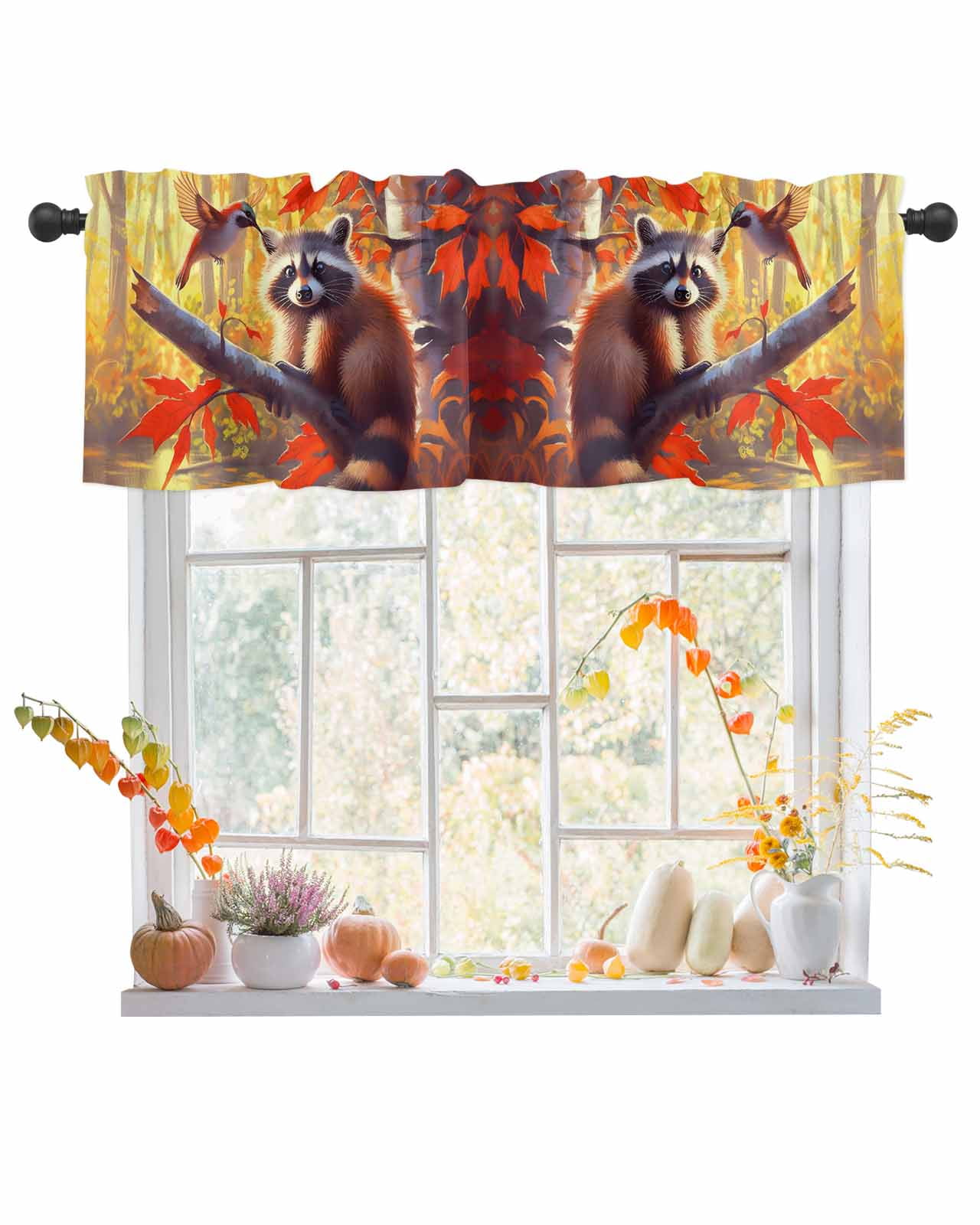 Raccoon Hummingbird Autumn Maple Tree Window Valances for Kitchen,Rod ...