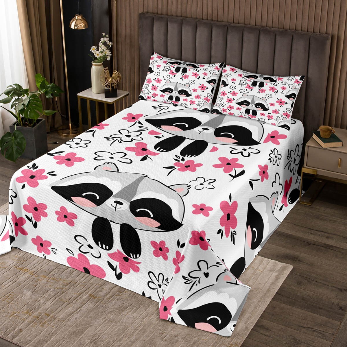 Raccoon King Bedspread Set for Boys Kids Child,Pink Floral Coverlet Set ...