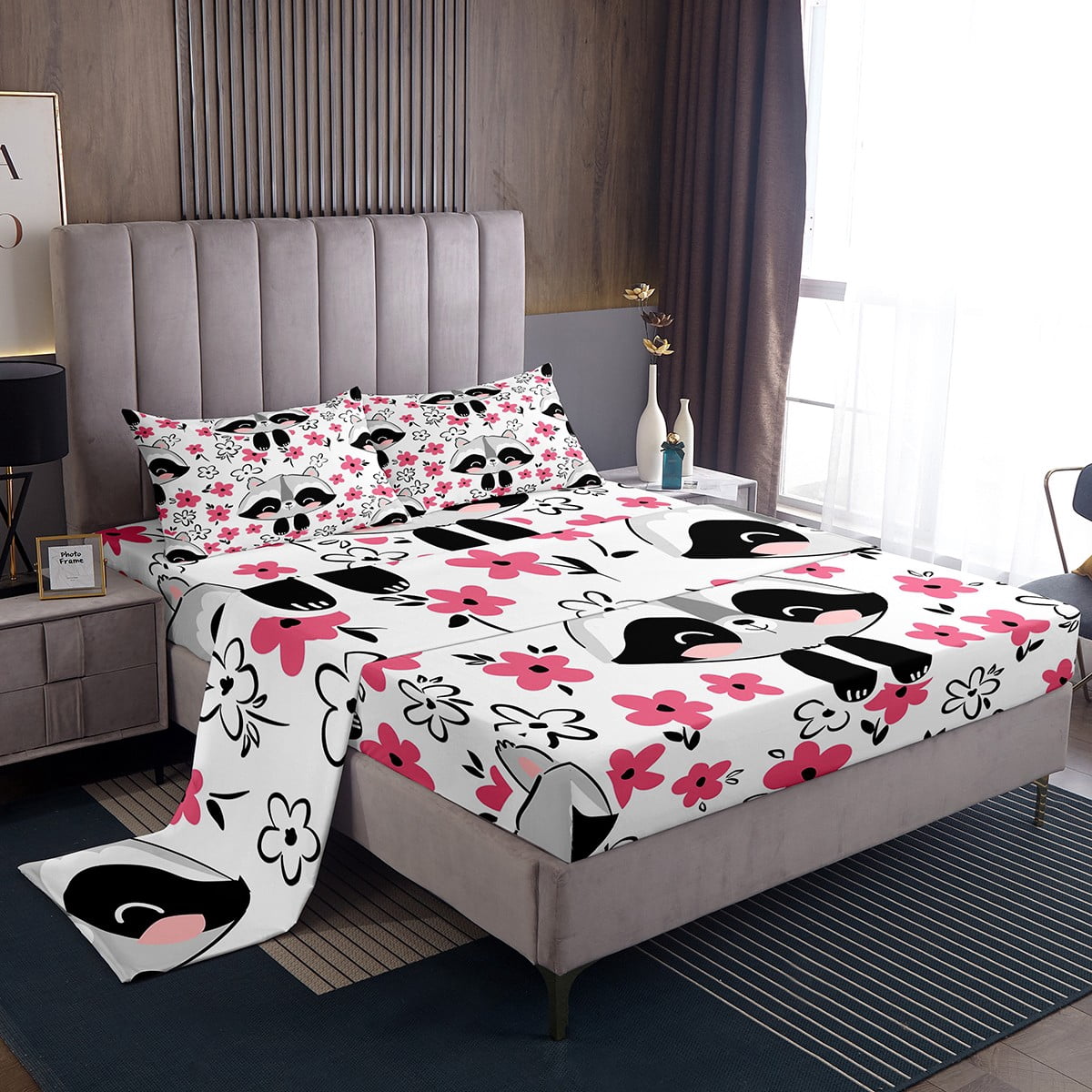 Raccoon King Sheet Set,Pink Floral Flat Fitted Sheet Wild Animals Bed ...