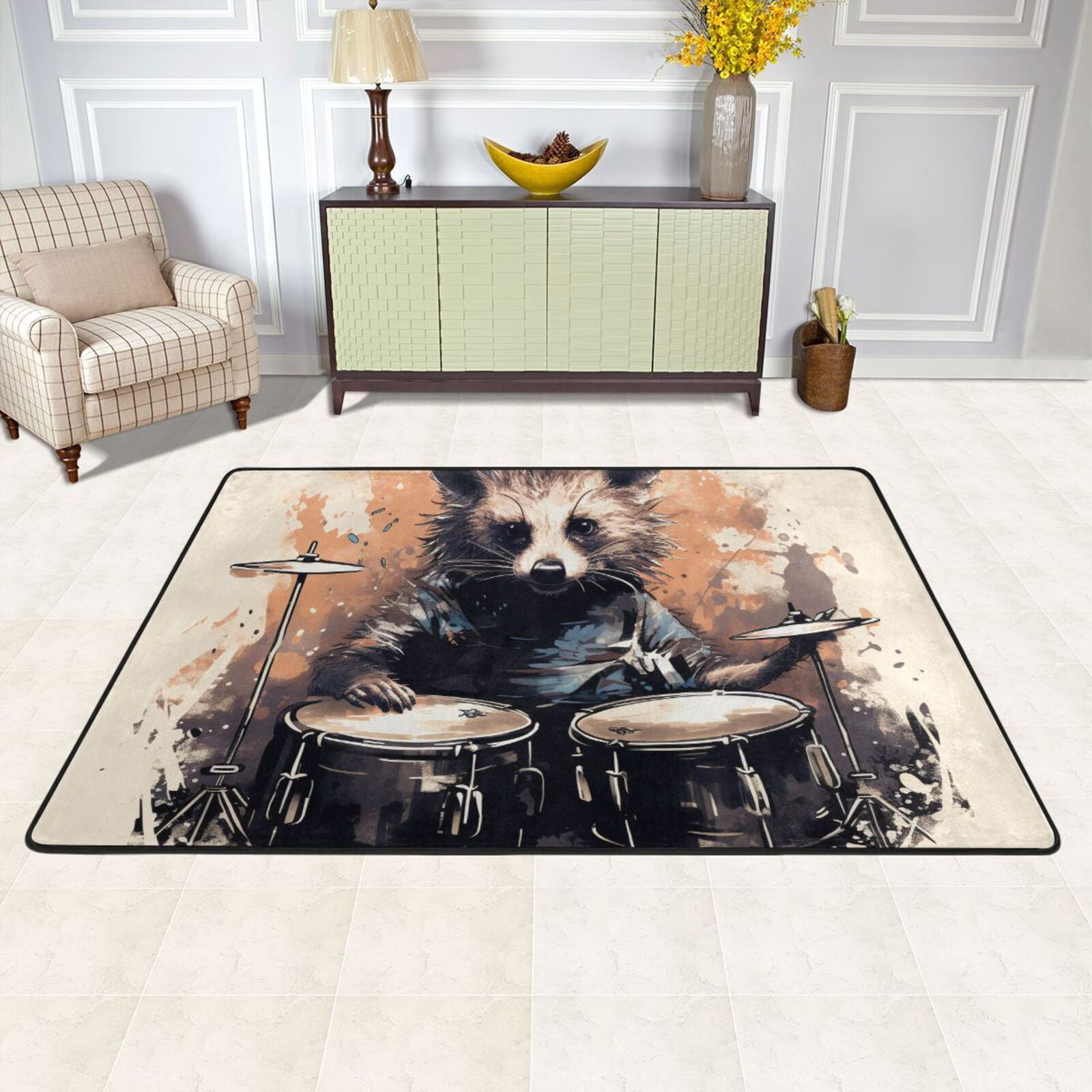 Raccoon Rack Drum Area Rug Washable 72 x 48 Floor Carpet Mat Non Slip ...