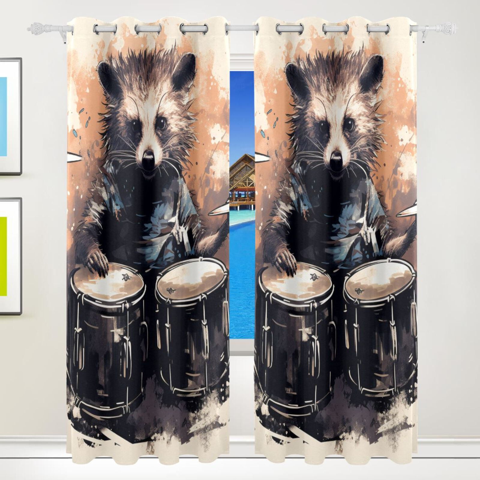 Raccoon Rack Drum Black Out Curtains 84 Inch Length for Bedroom Living ...