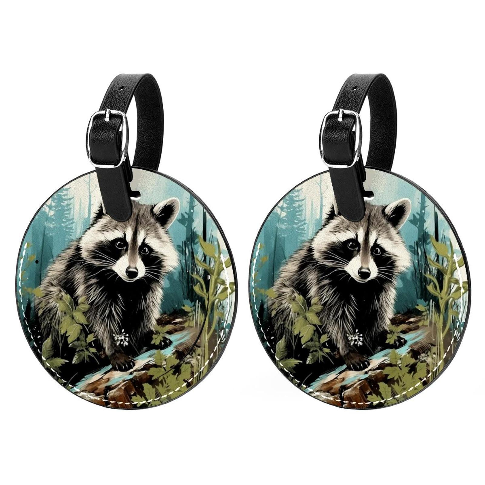 Raccoon Set of 2pcs PU Leather Round Suitcase Tags with Privacy Cover ...