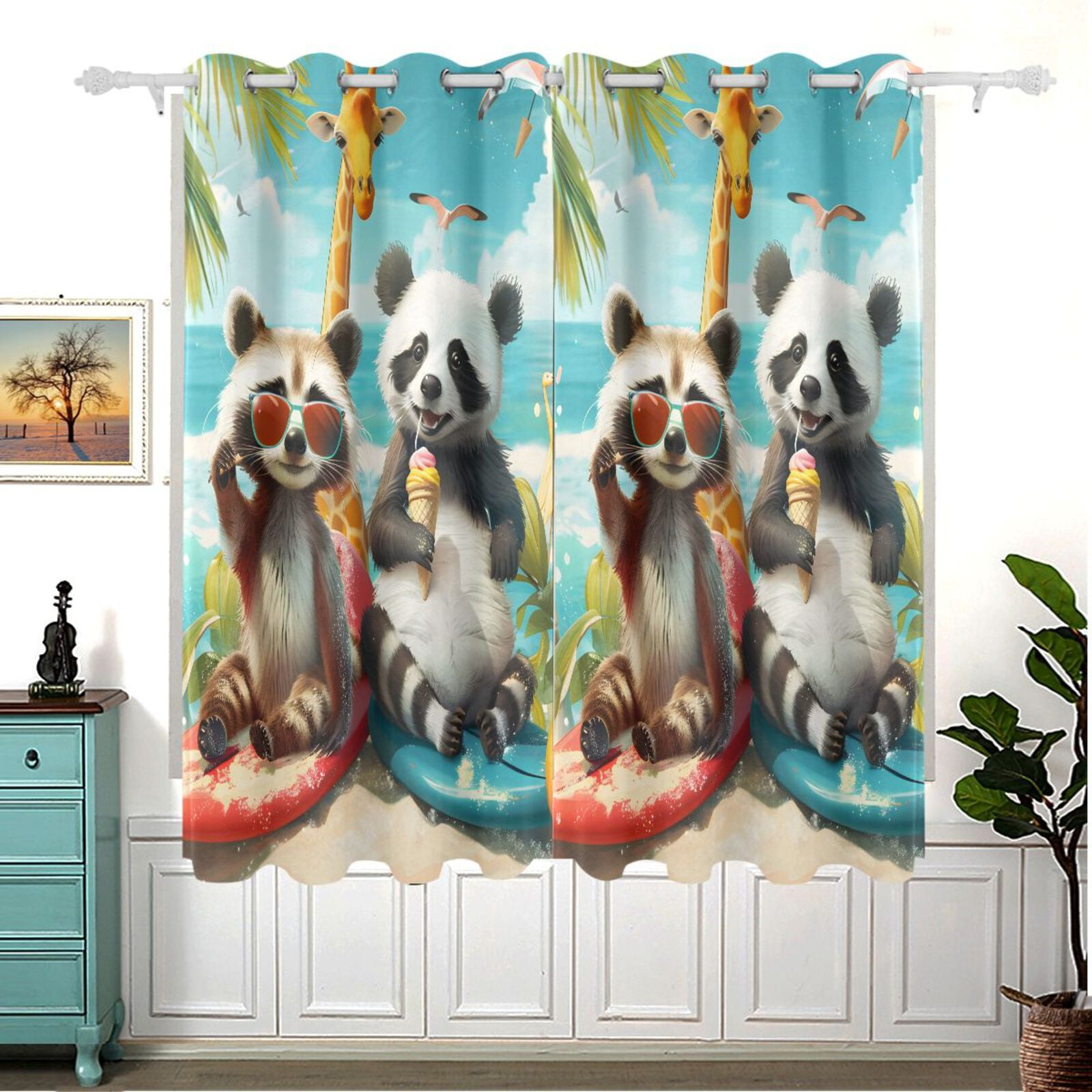 Raccoon Surfer Panda Giraffa Blackout Curtain Panels 63x55in Drapes ...