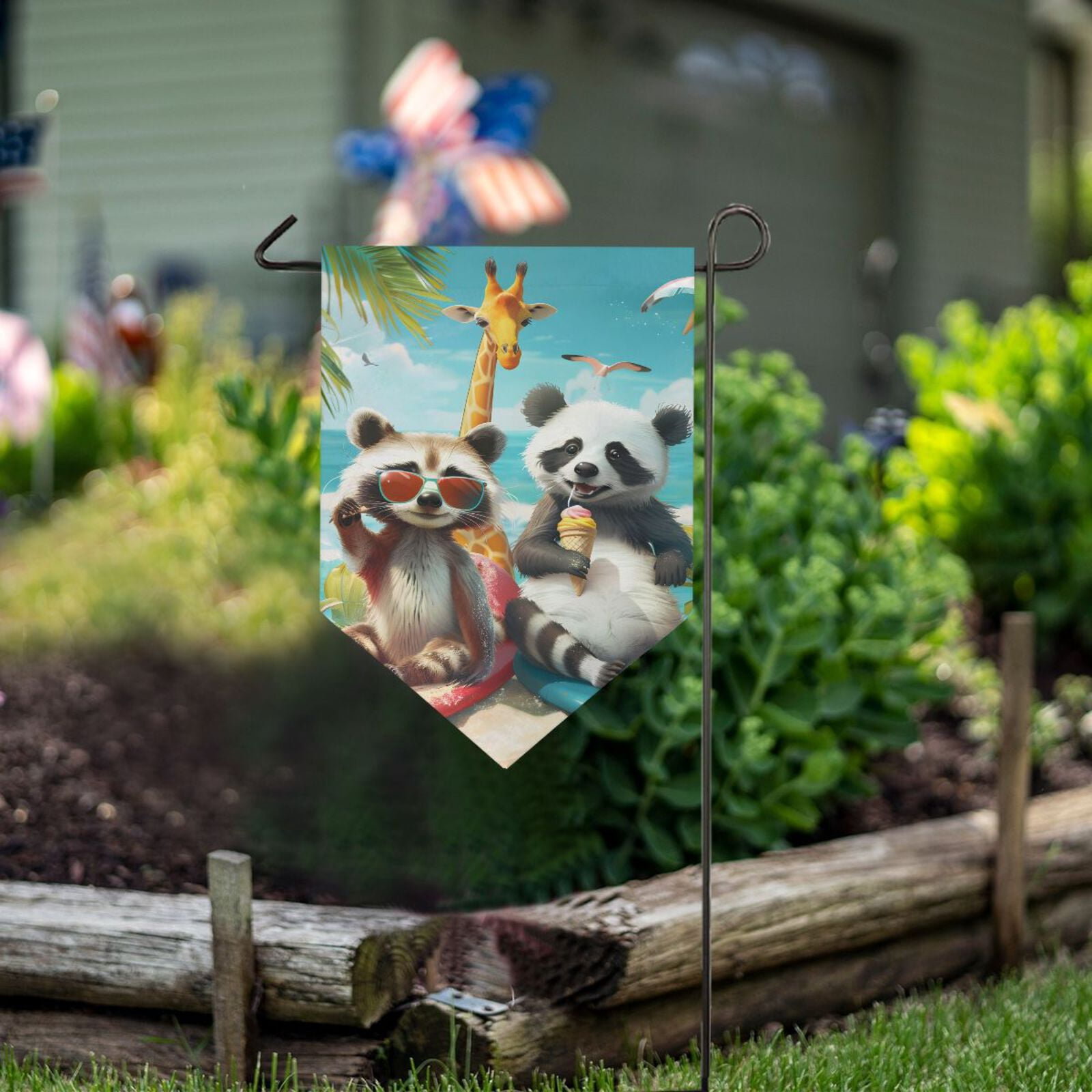 Raccoon Surfer Panda Giraffa Garden Flag 18" x 12.5" Double Sided Yard ...