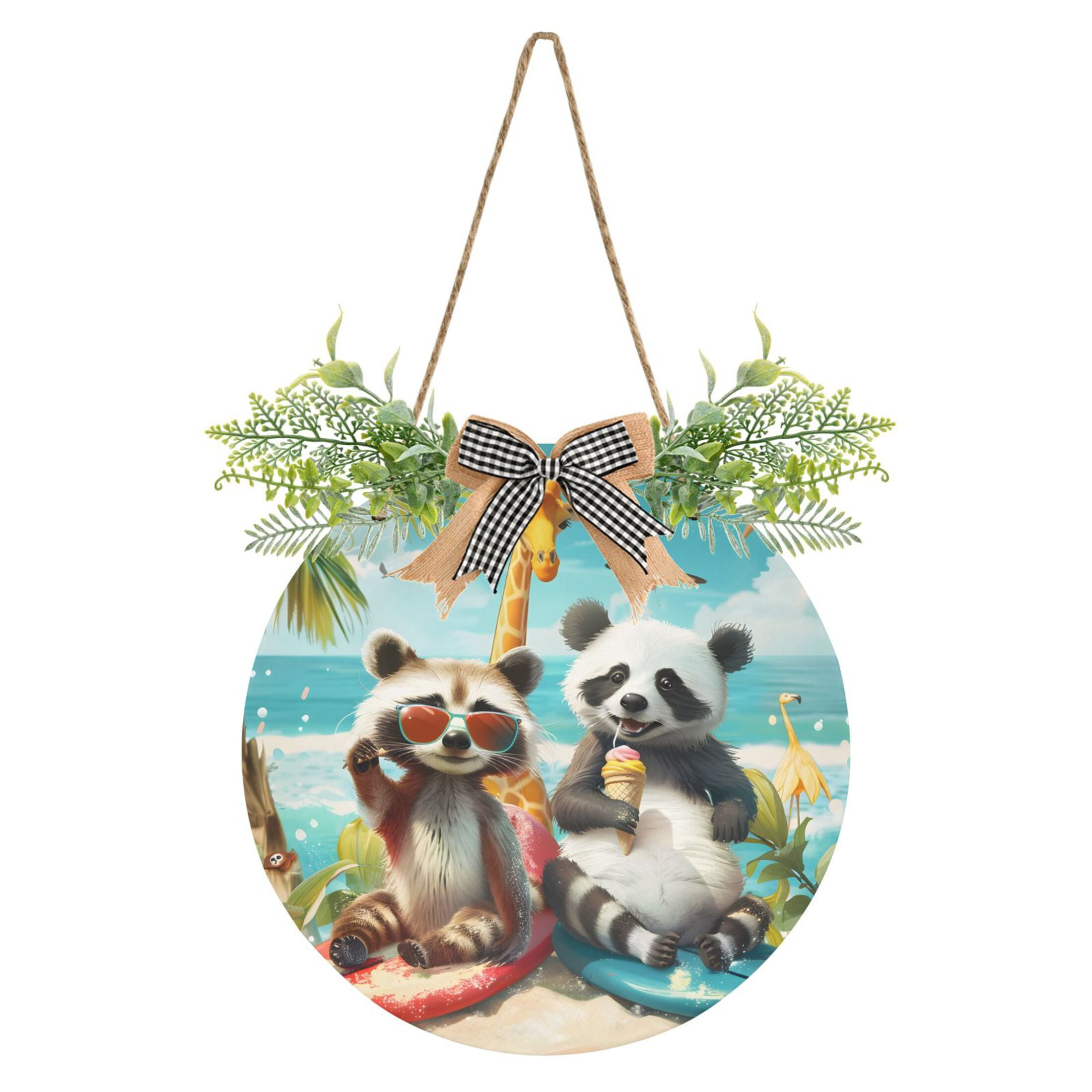 Raccoon Surfer and Sloth Panda Welcome Front Door Sign Round 12 inch ...