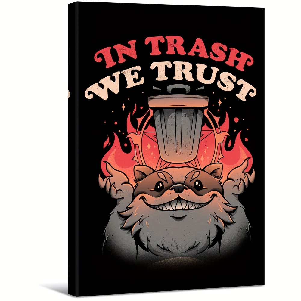 Raccoon Trusts In Trash With A Trash Can On Its Head. Large Wooden Framed Wall Art Home Decor ...