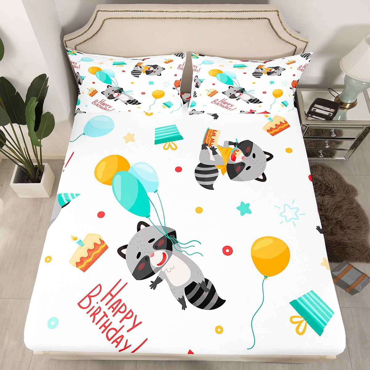 Raccoon Twin Bed Sheets,Cute Wild Animals Bedding Set Lovely Cartoon ...