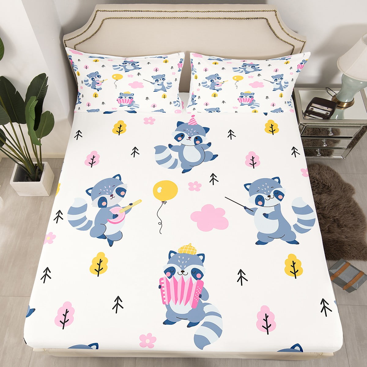 Raccoon Twin Bed Sheets ,Pink Floral Bedding Set Woodland Animals ...